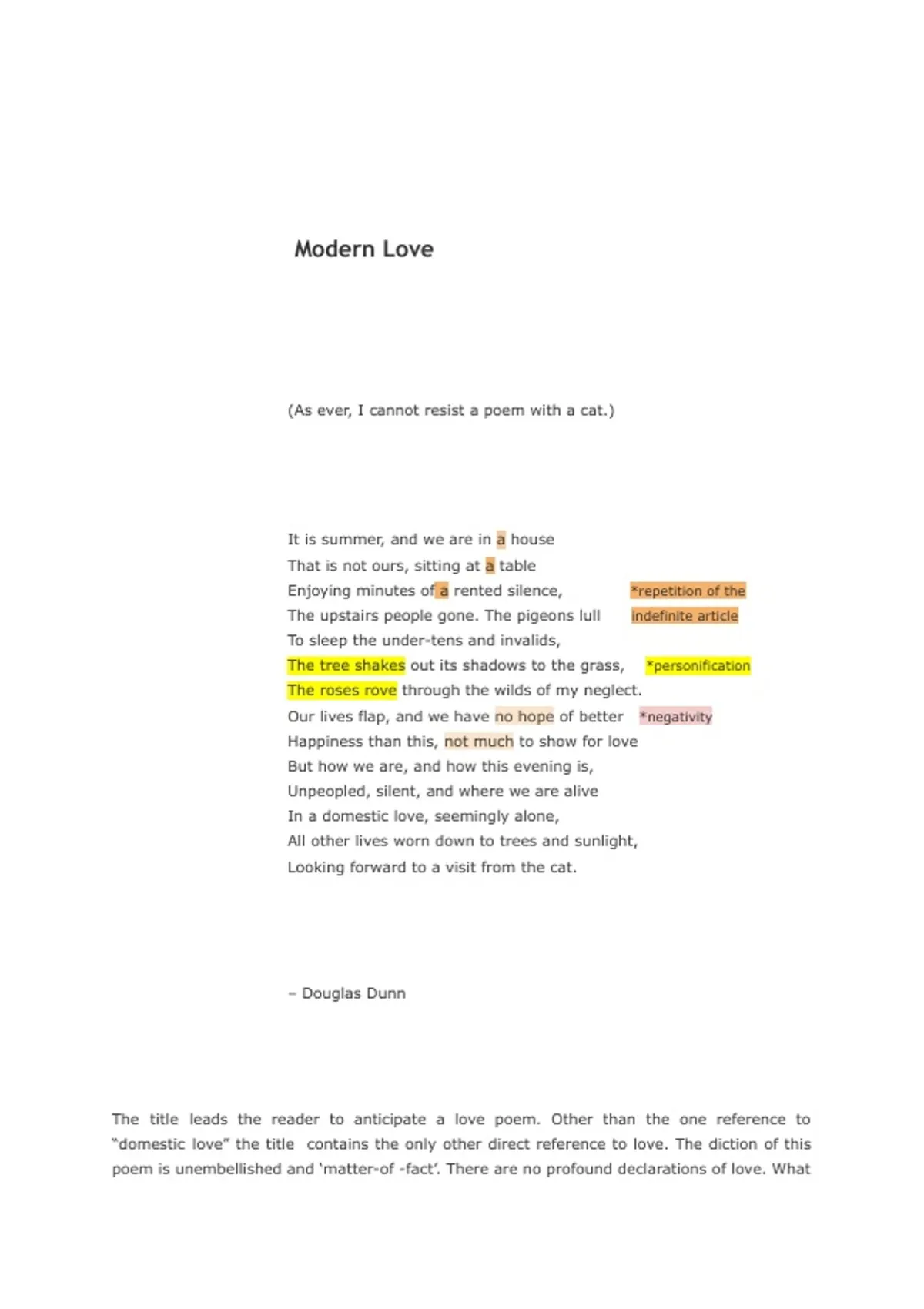 An analysis of Douglas Dunn's poem "Modern Love" - English - Stuvia UK