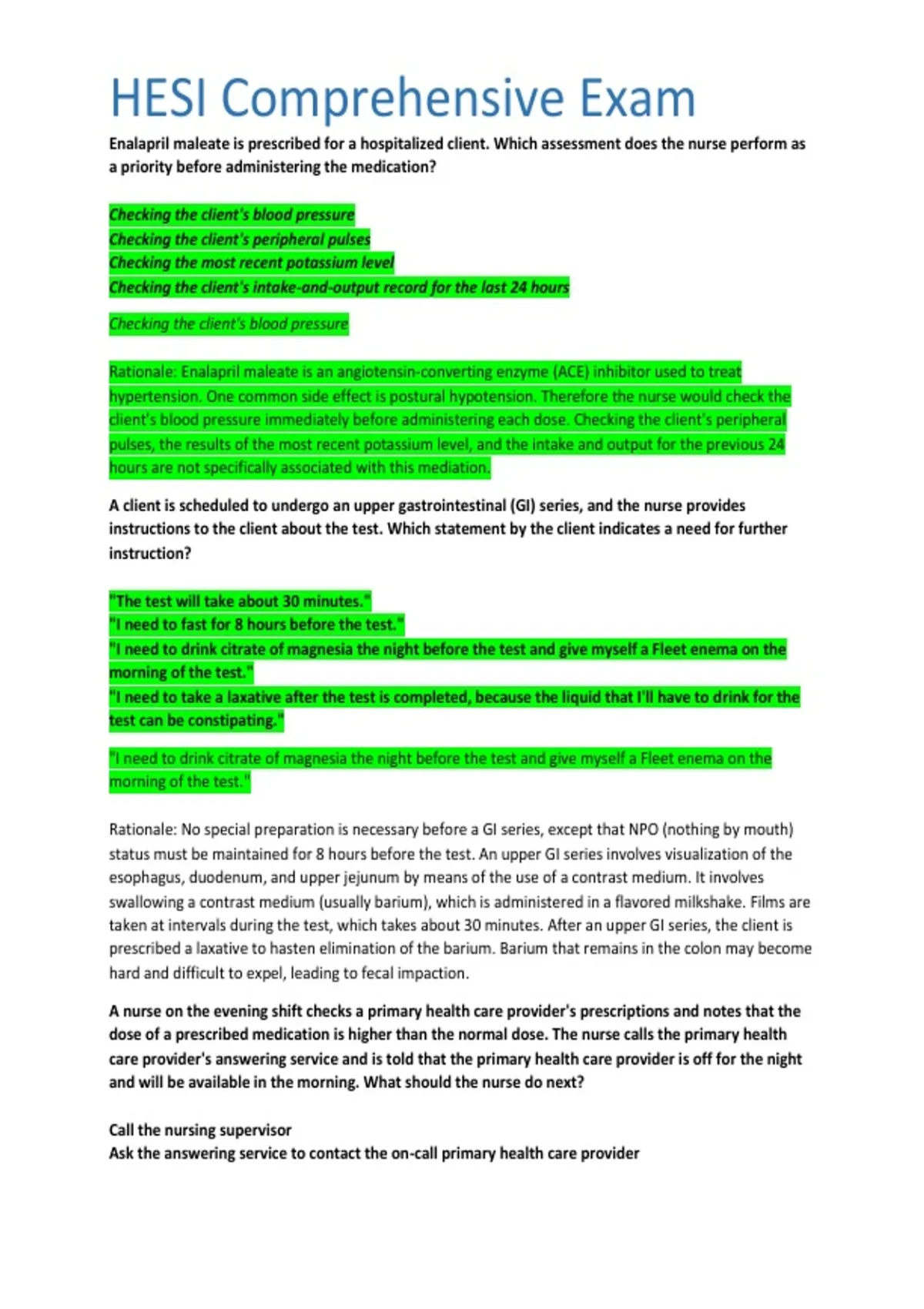HESI Comprehensive Exam - HESI Comprehensive - Stuvia US