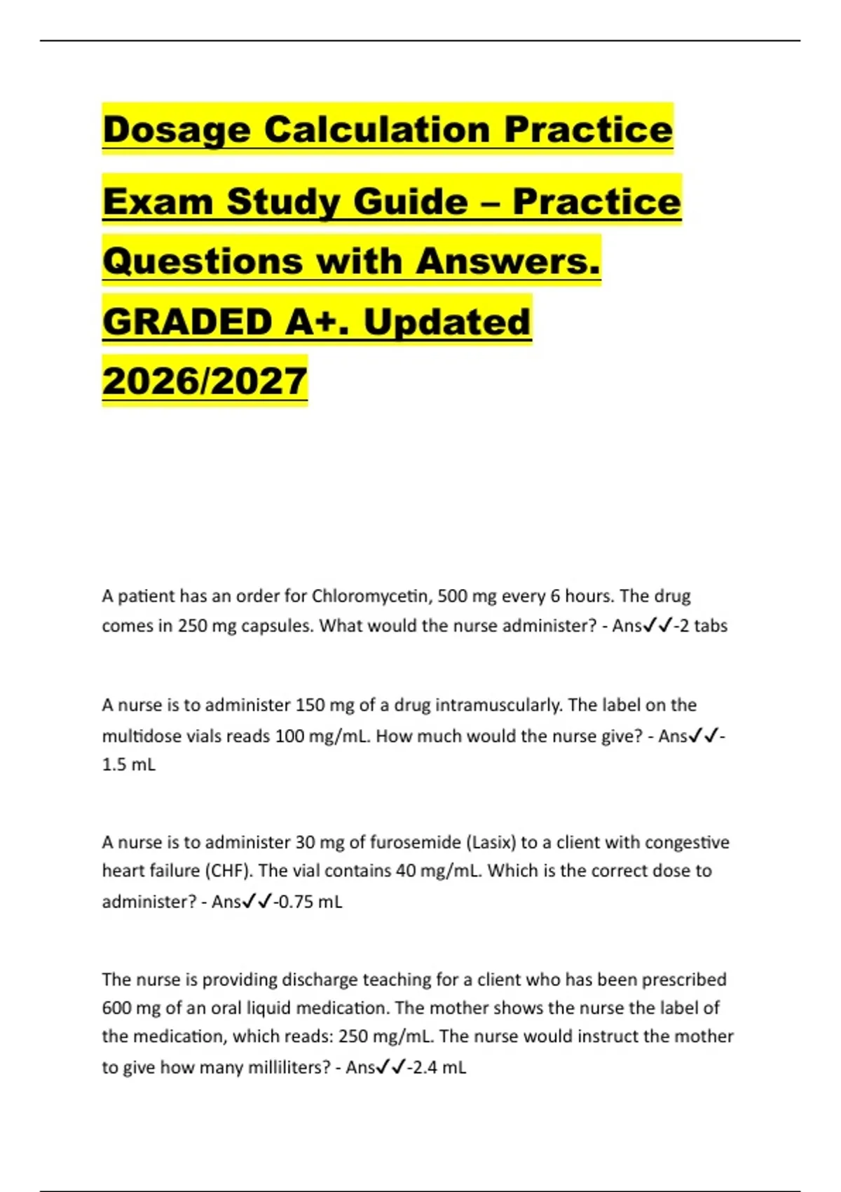 Dosage Calculation Practice Exam Study Guide – Practice Questions with ...