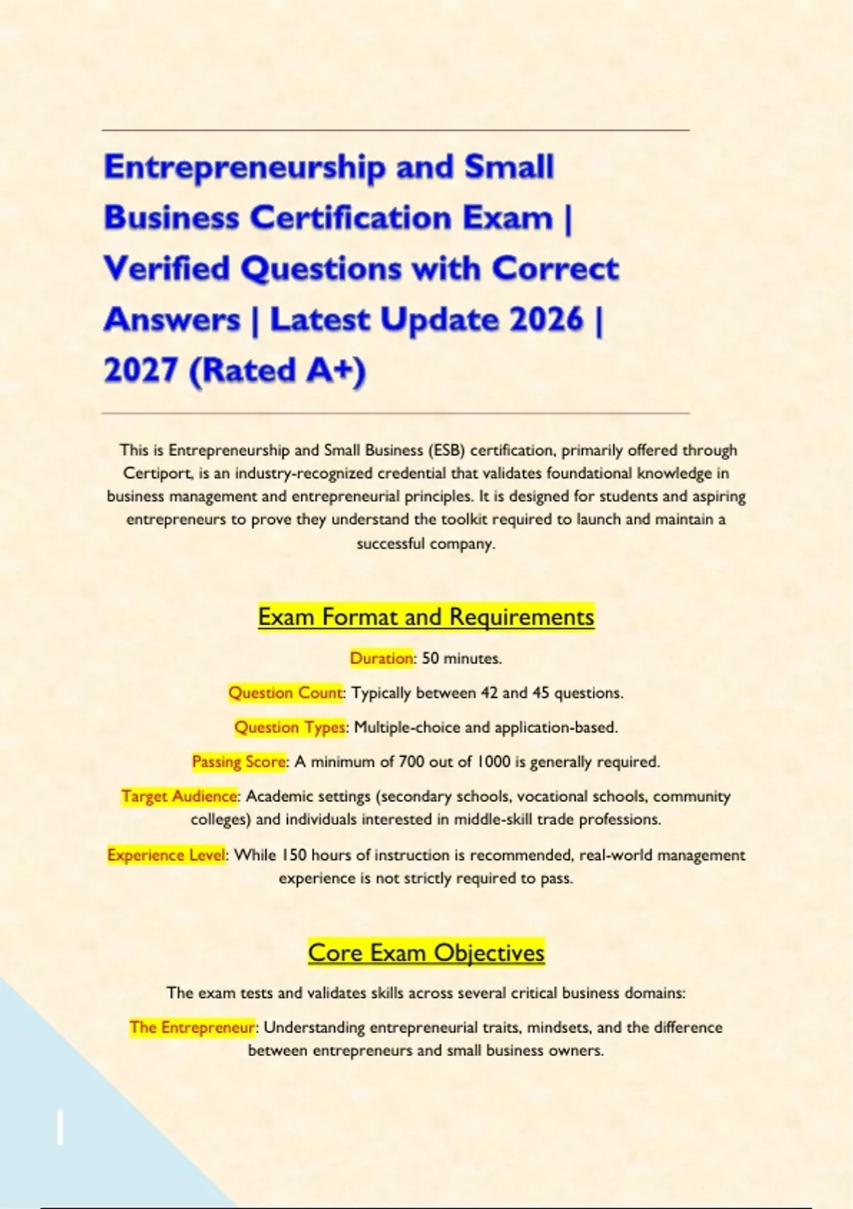 Entrepreneurship and Small Business Certification Exam | Verified ...