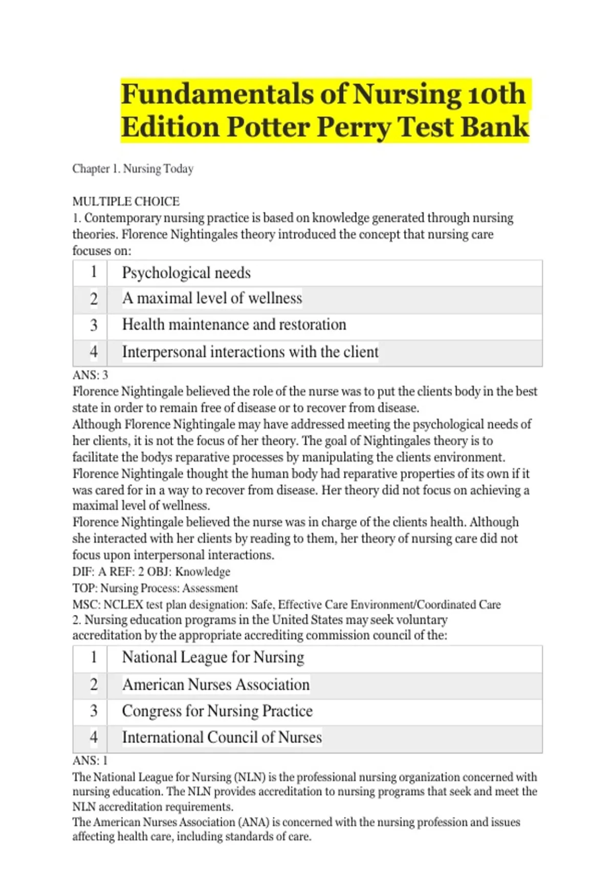 Test Bank for Fundamentals of Nursing 10th Edition (Potter & Perry ...