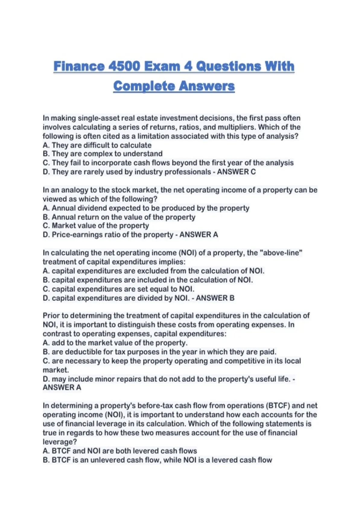 Finance 4500 Exam 4 Questions With Complete Answers - Finance 4500 ...