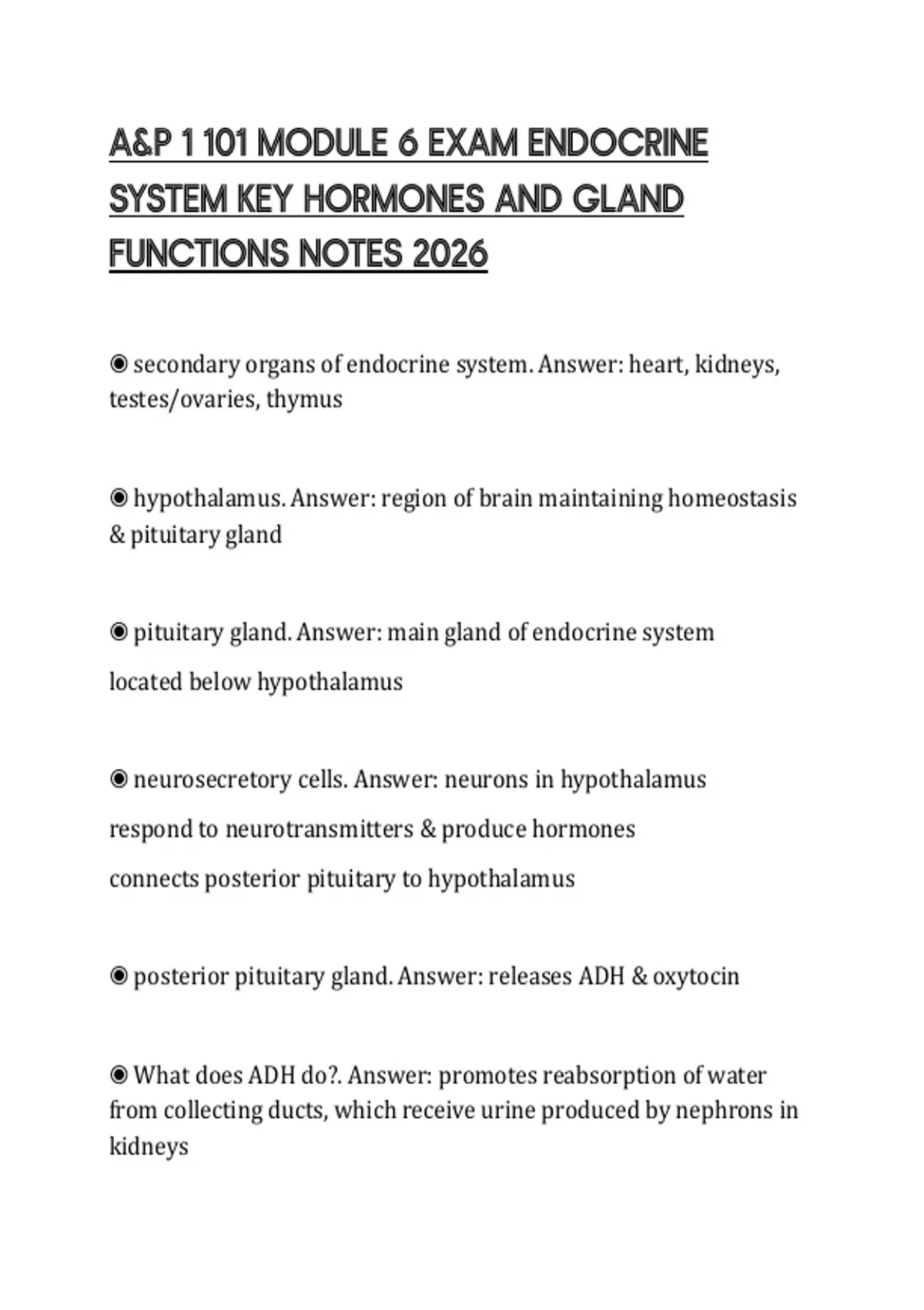 A&P 1 101 MODULE 6 EXAM ENDOCRINE SYSTEM KEY HORMONES AND GLAND ...
