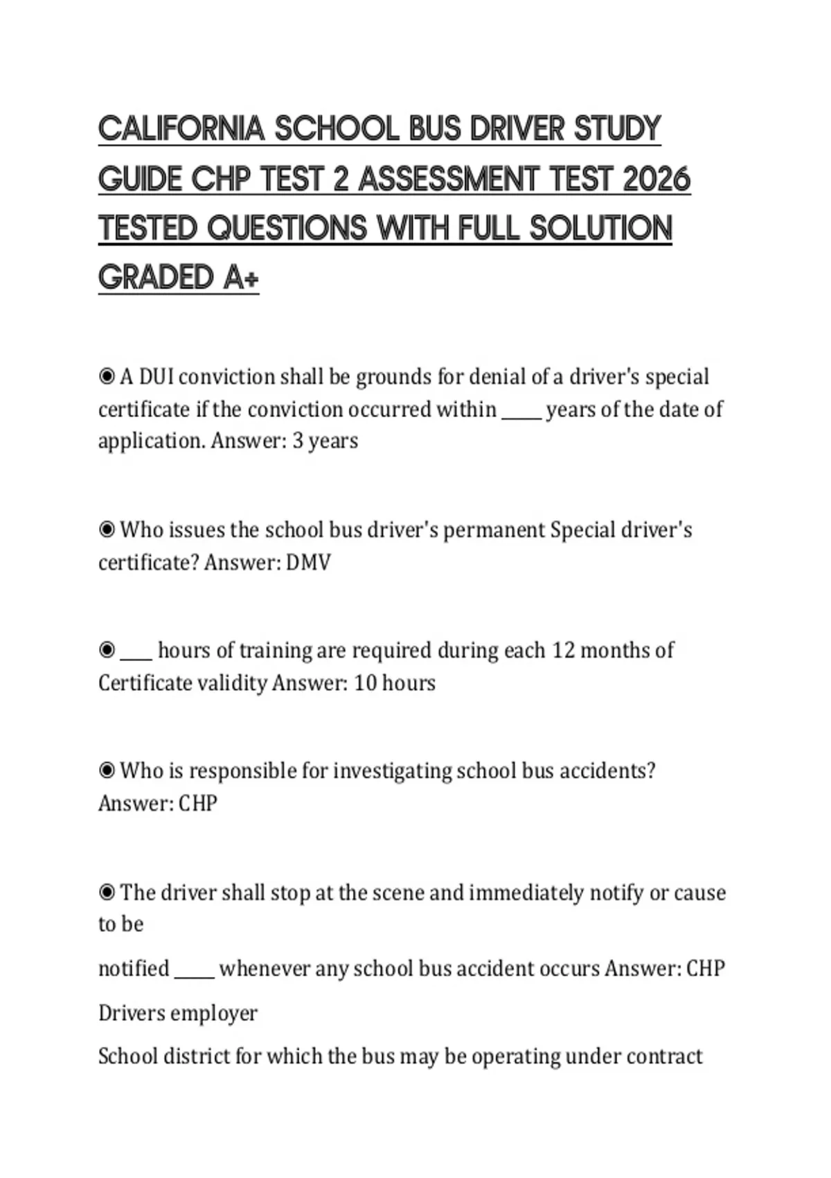 CALIFORNIA SCHOOL BUS DRIVER STUDY GUIDE CHP TEST 2 ASSESSMENT TEST ...