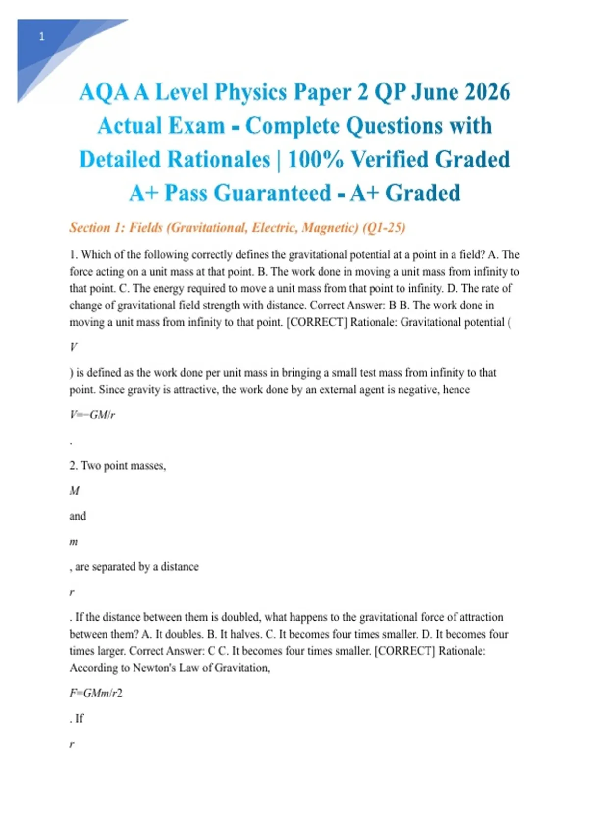 AQA A Level Physics Paper 2 QP June 2026 Actual Exam - Complete ...