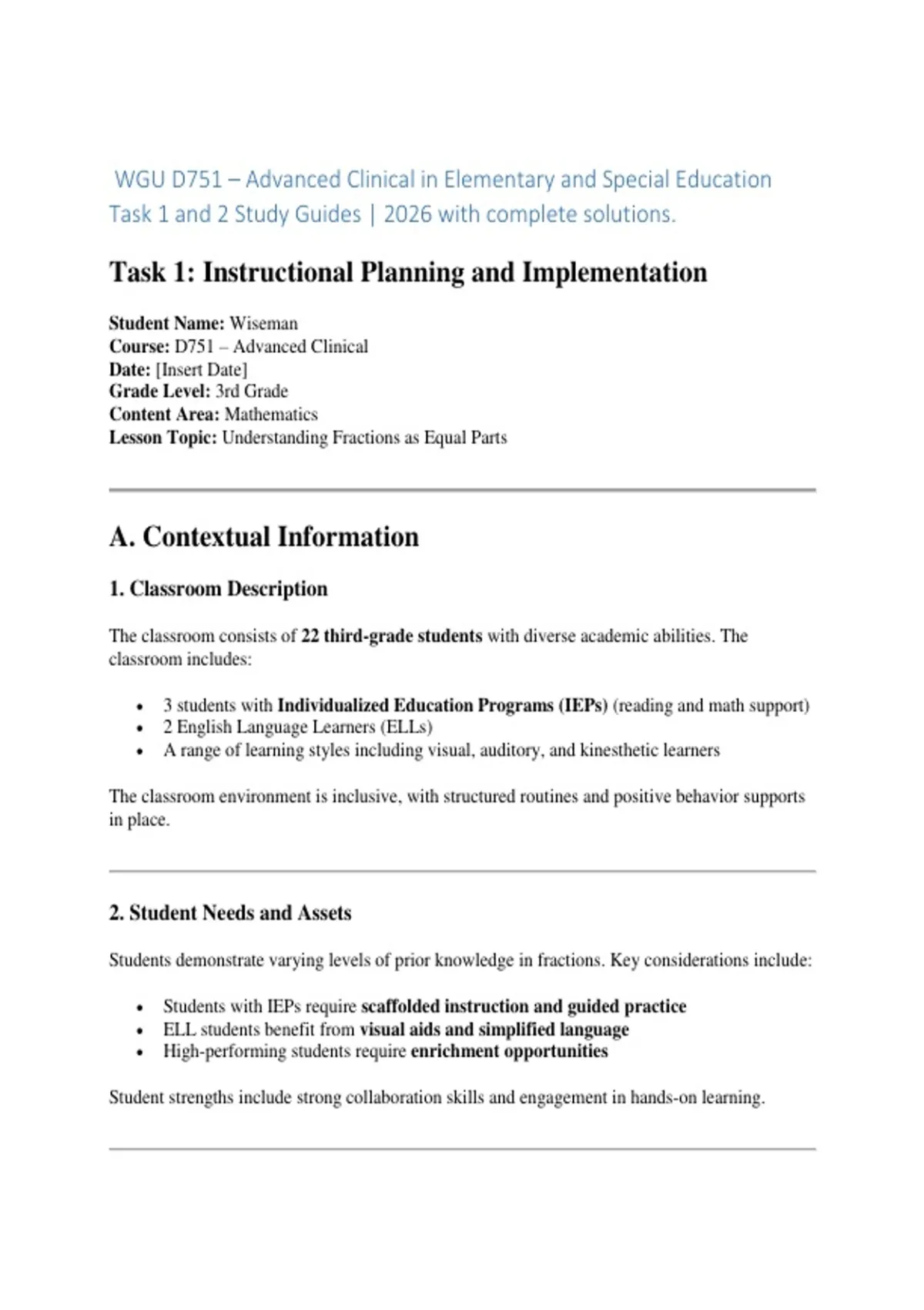 WGU D751 – Advanced Clinical in Elementary and Special Education Task 1 ...