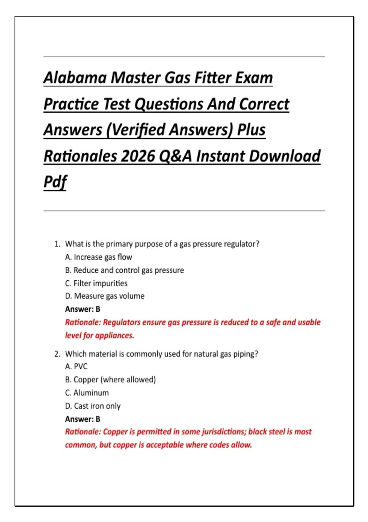 Alabama Master Gas Fitter Exam Practice Test Questions And Correct ...