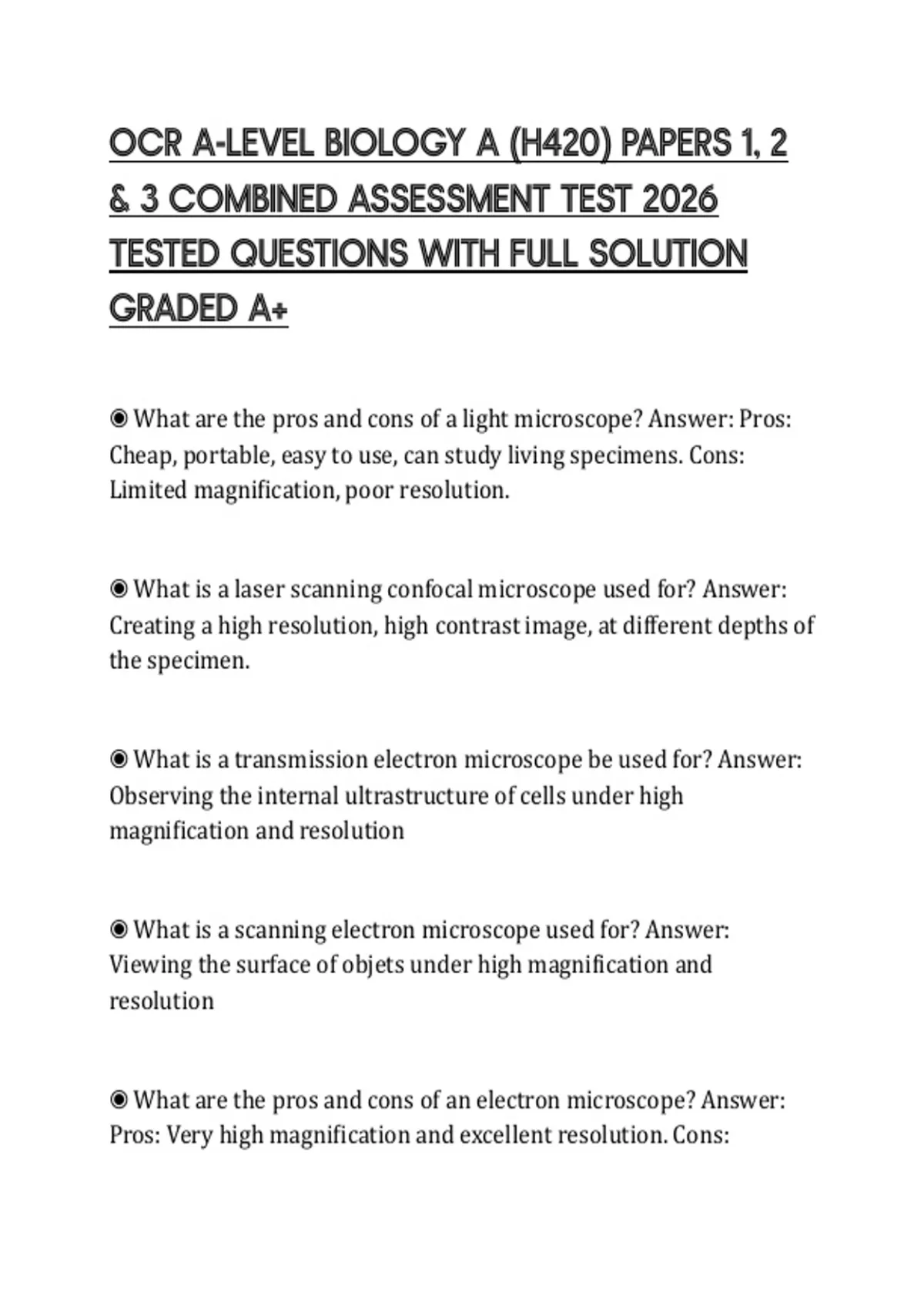 OCR A-LEVEL BIOLOGY A (H420) PAPERS 1, 2 & 3 COMBINED ASSESSMENT TEST ...