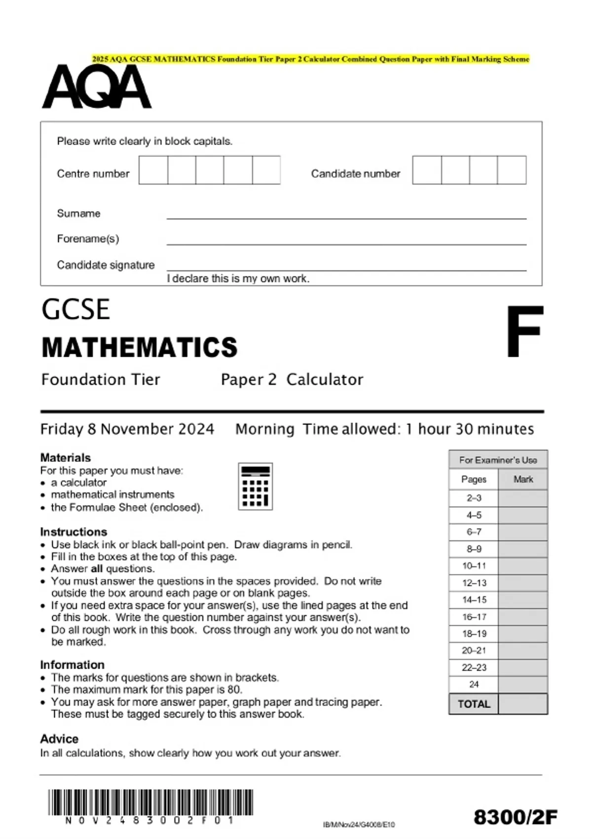 2025 AQA GCSE MATHEMATICS Foundation Tier Paper 2 Calculator Combined ...
