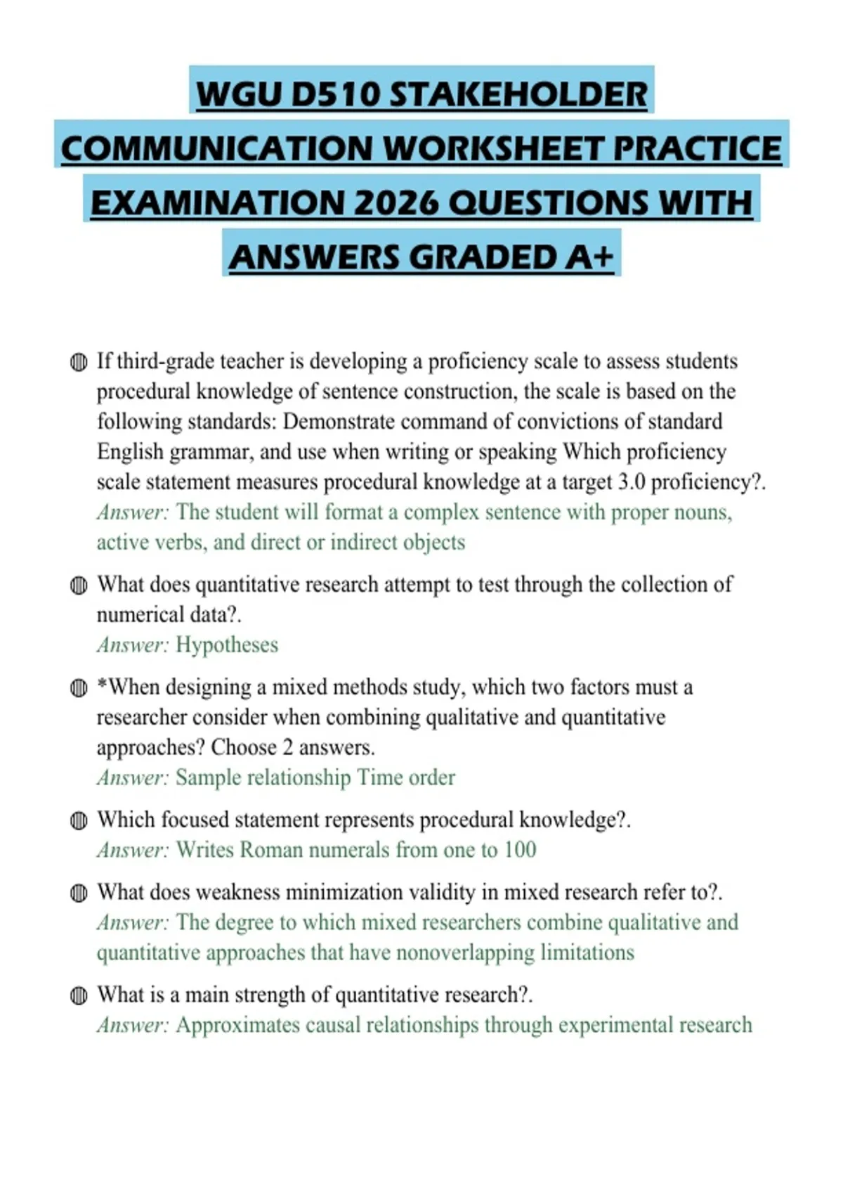 WGU D510 STAKEHOLDER COMMUNICATION WORKSHEET PRACTICE EXAMINATION 2026 ...