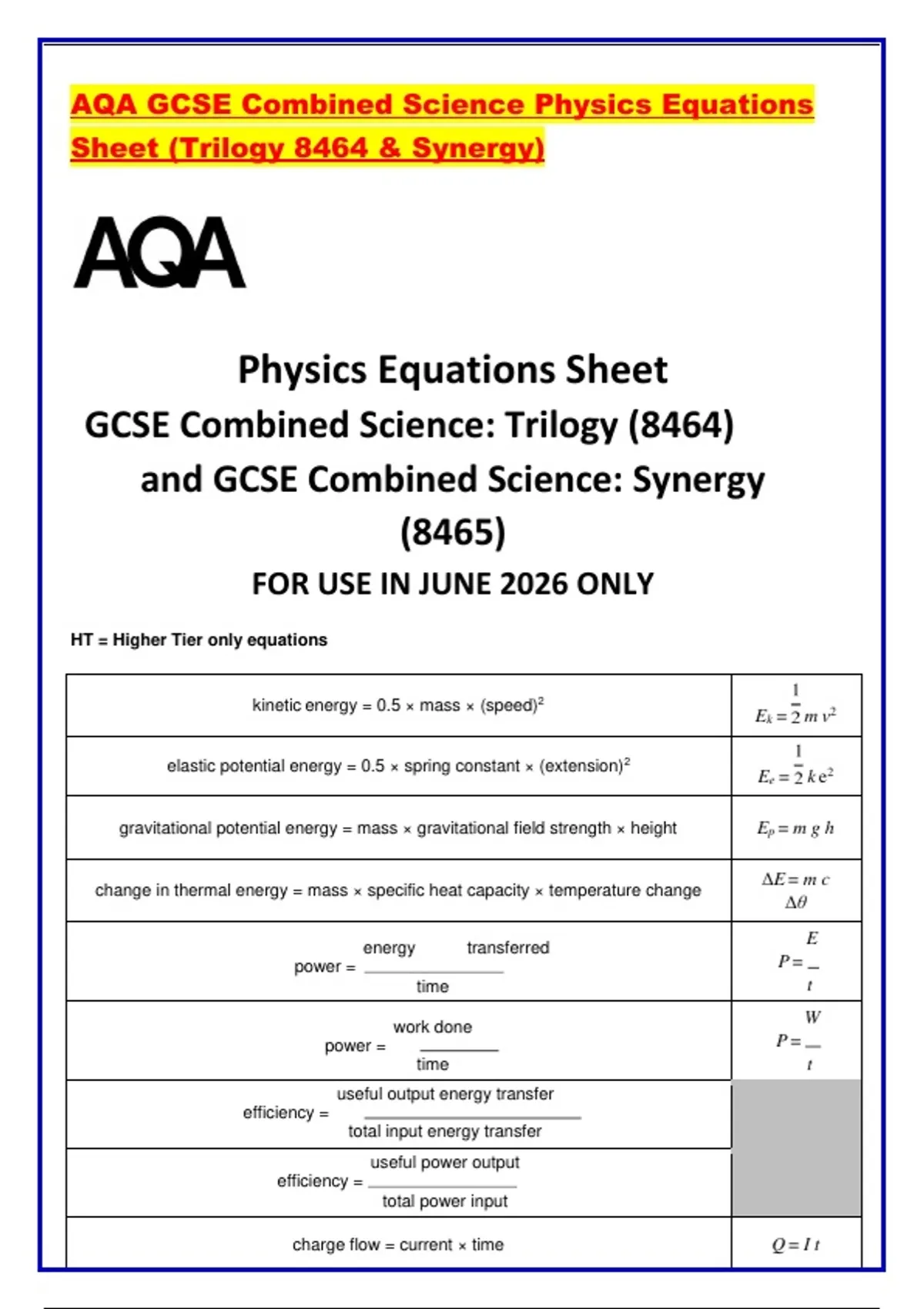 AQA GCSE Combined Science Physics Equations Sheet (Trilogy 8464 ...