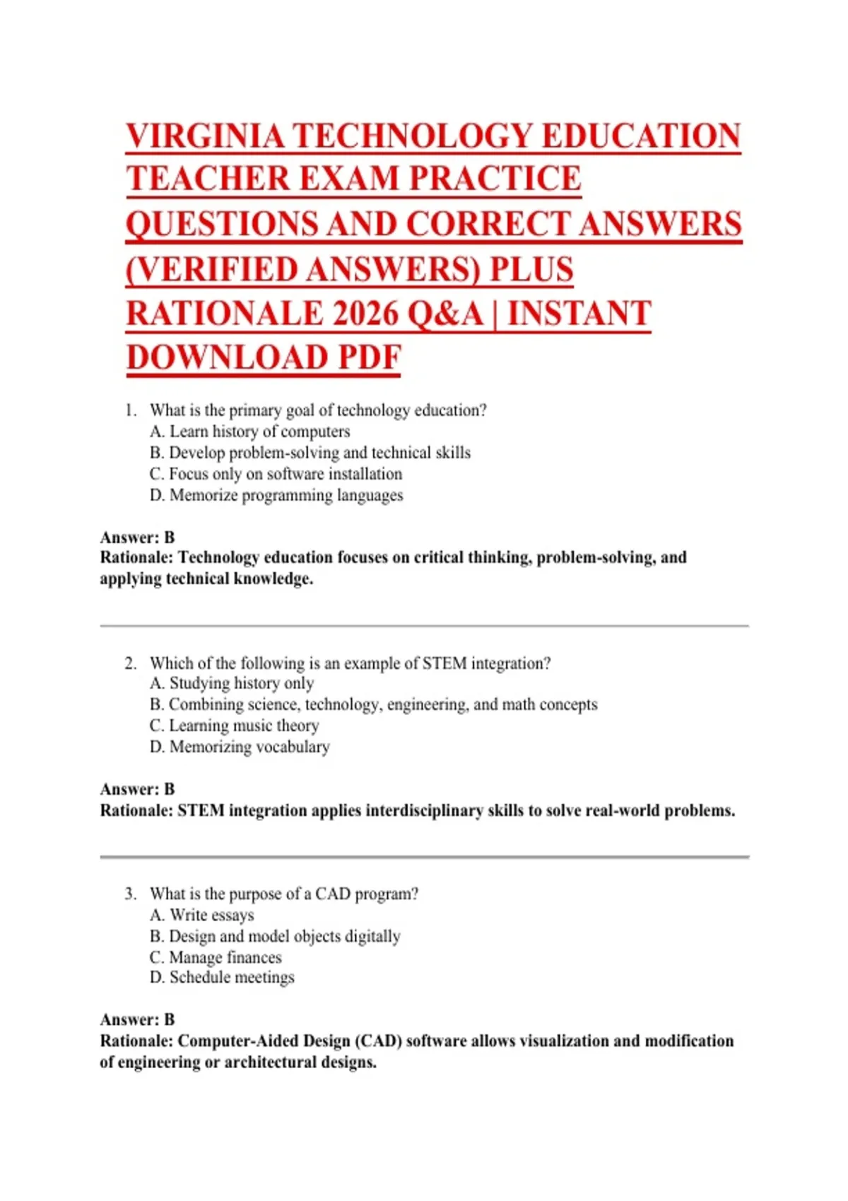 VIRGINIA TECHNOLOGY EDUCATION TEACHER EXAM PRACTICE QUESTIONS AND ...
