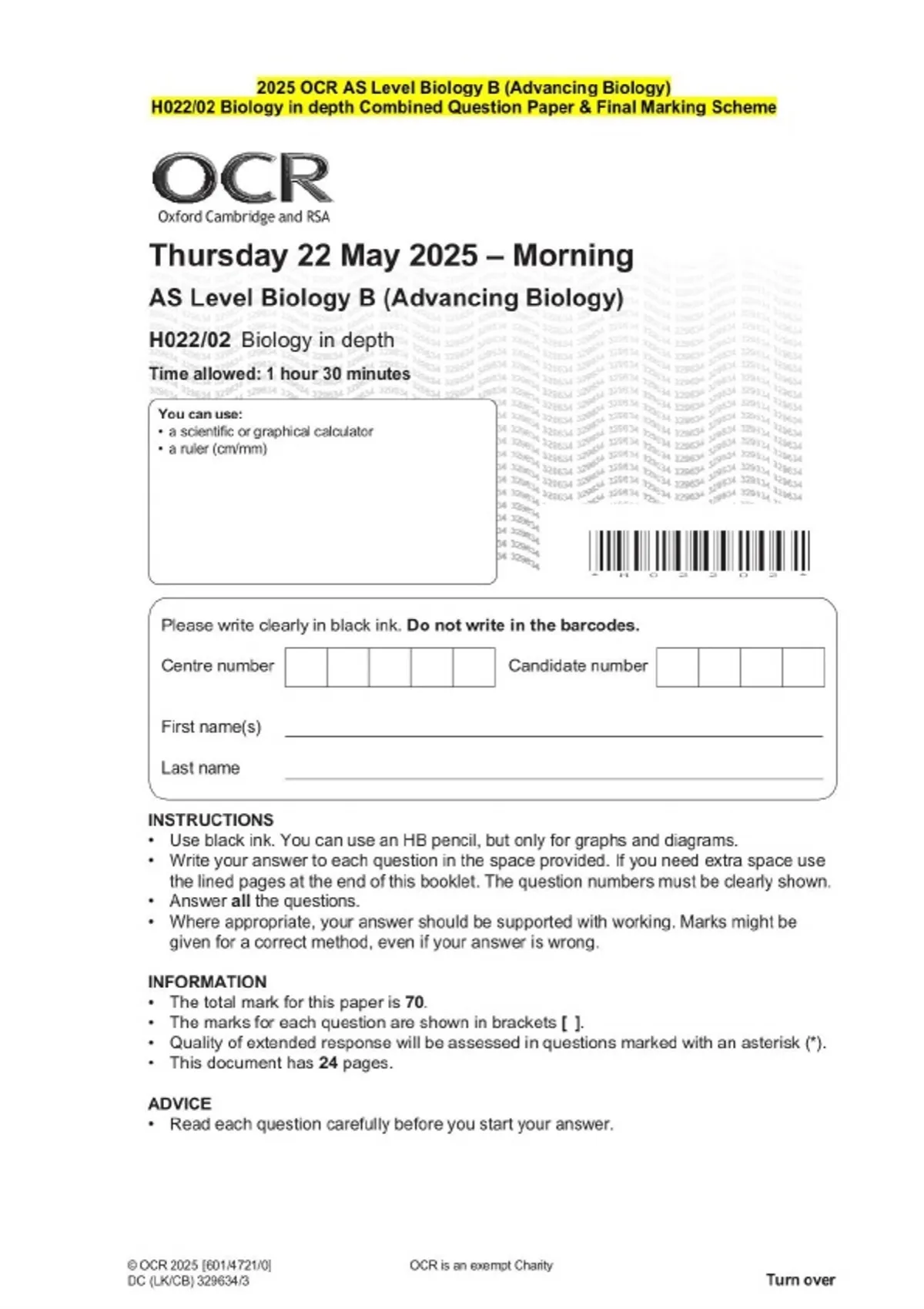 2025 OCR AS Level Biology B (Advancing Biology) H022 paper 01 and 02 ...