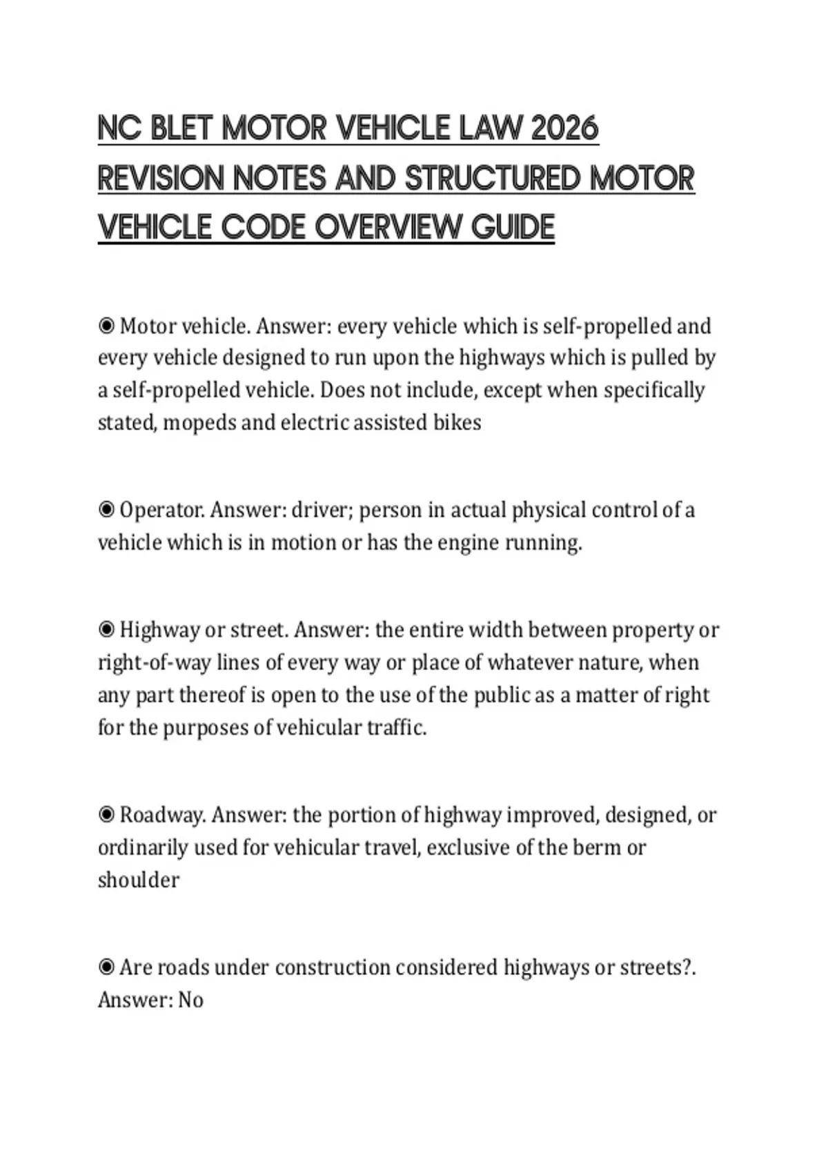 NC BLET MOTOR VEHICLE LAW 2026 REVISION NOTES AND STRUCTURED MOTOR ...