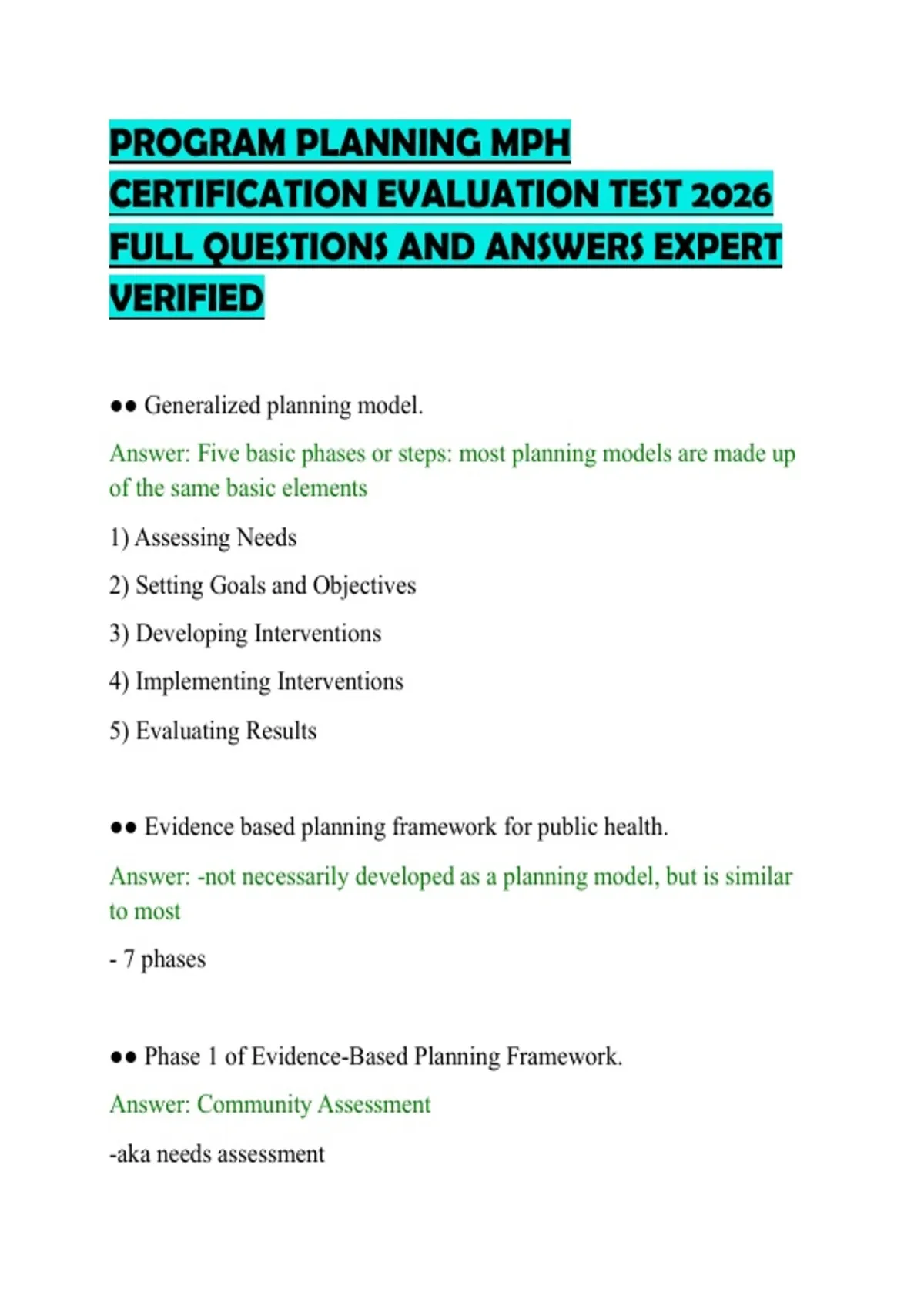PROGRAM PLANNING MPH CERTIFICATION EVALUATION TEST 2026 FULL QUESTIONS ...