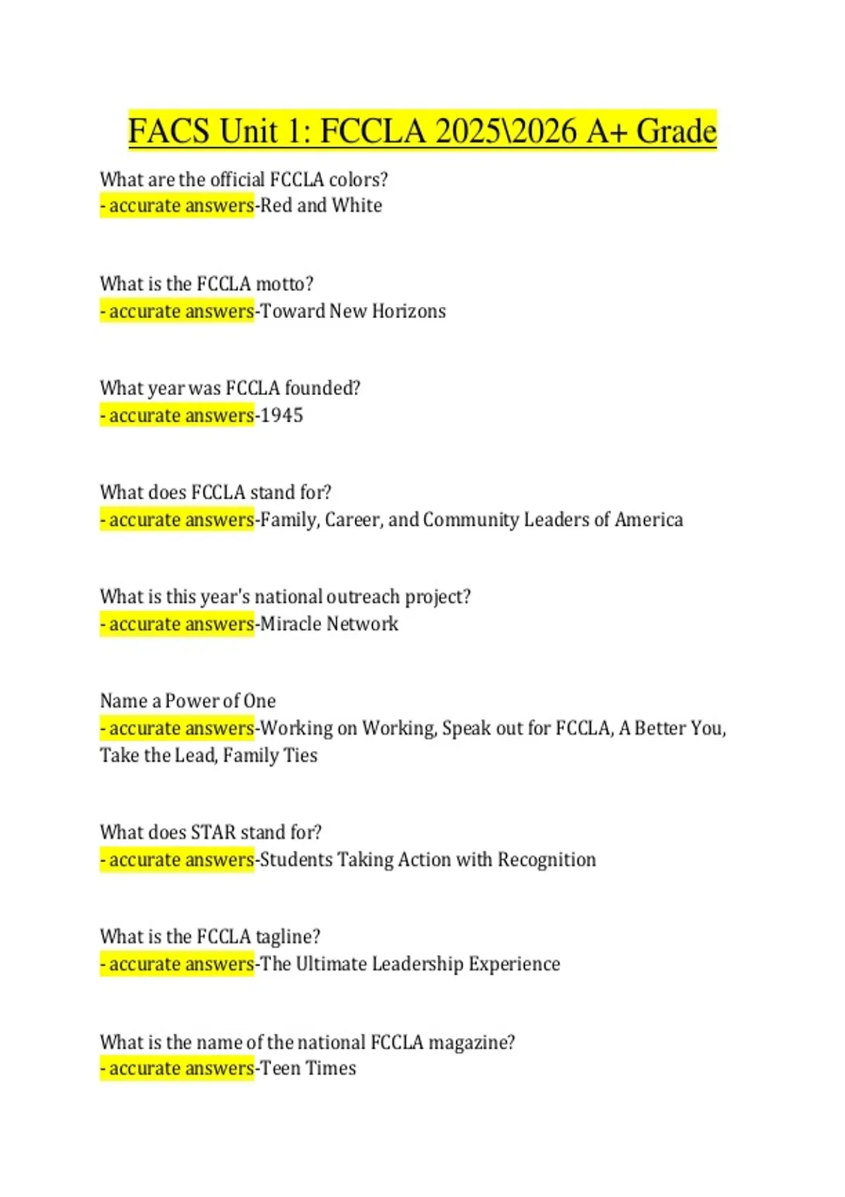 FACS Unit 1: FCCLA A+ Grade - FACS Unit 1: FCCLA - Stuvia US