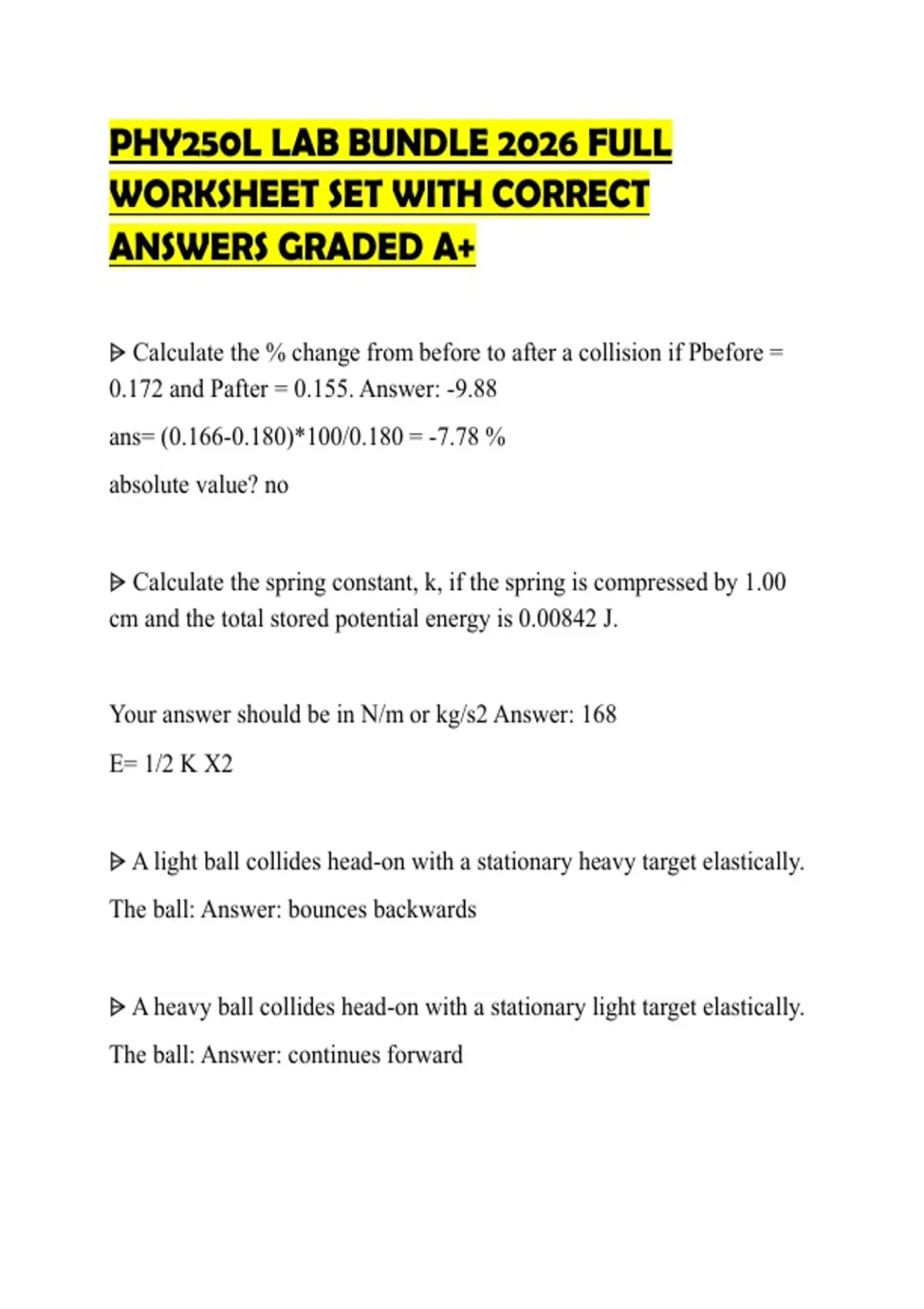 PHY250L LAB BUNDLE 2026 FULL WORKSHEET SET WITH CORRECT ANSWERS GRADED ...