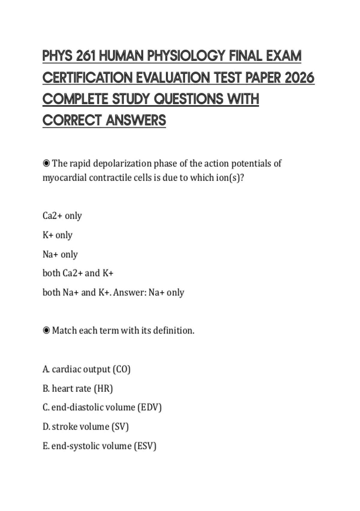 PHYS 261 HUMAN PHYSIOLOGY FINAL EXAM CERTIFICATION EVALUATION TEST ...