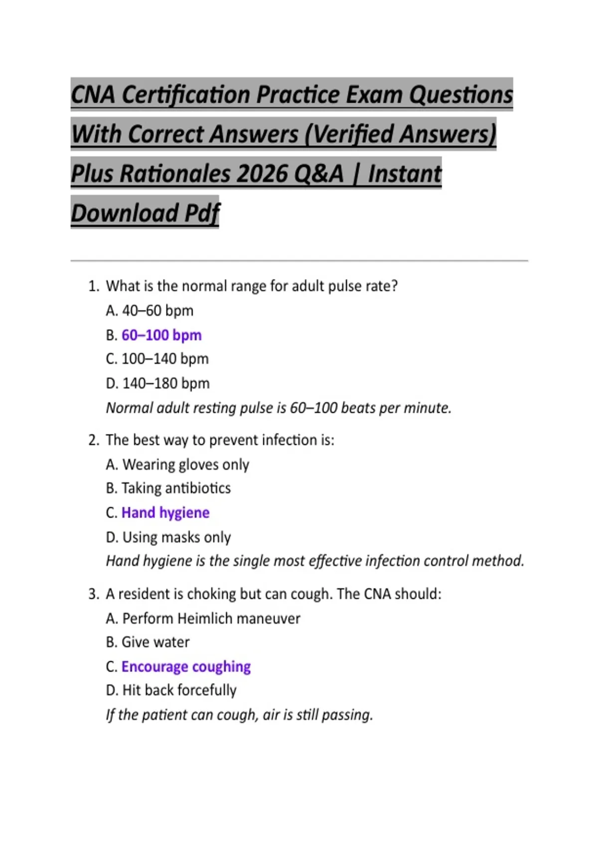 CNA Certification Practice Exam Questions With Correct Answers ...