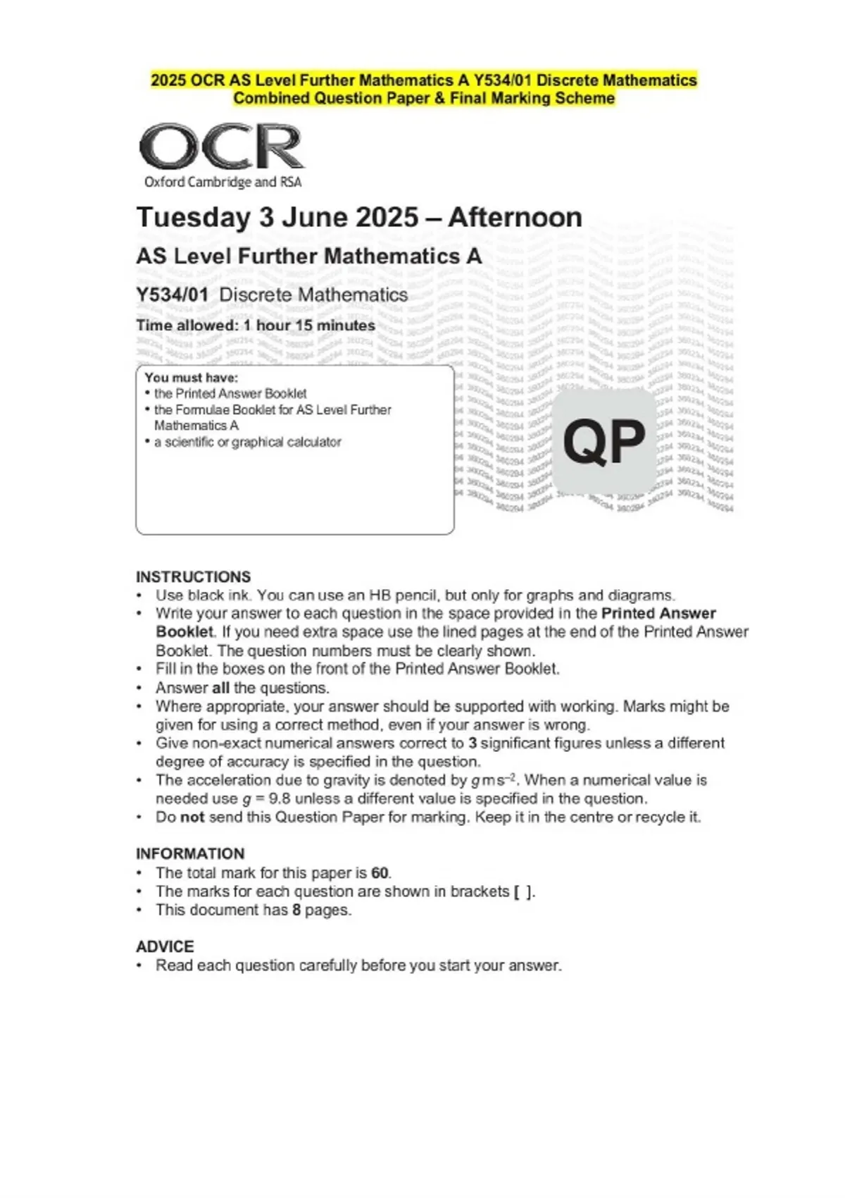 2025 OCR AS Level Further Mathematics A Y534/01 Discrete Mathematics ...