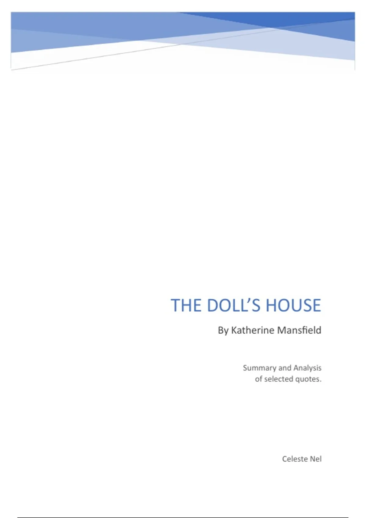 Summary and Analysis of A doll's house by Katherine Mansfield. - ENGL ...