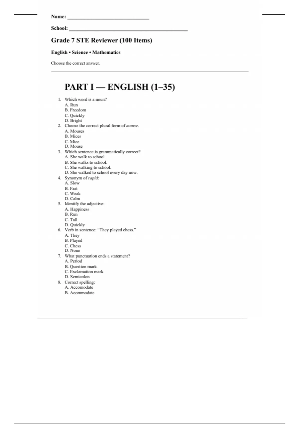 Grade 7 STE Reviewer (100 Items) - English, Science, Mathematics ...