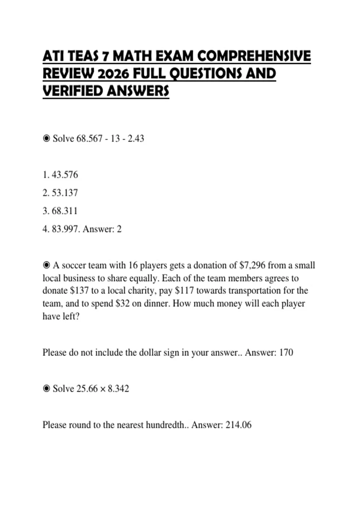 ATI TEAS 7 MATH EXAM COMPREHENSIVE REVIEW 2026 FULL QUESTIONS AND ...