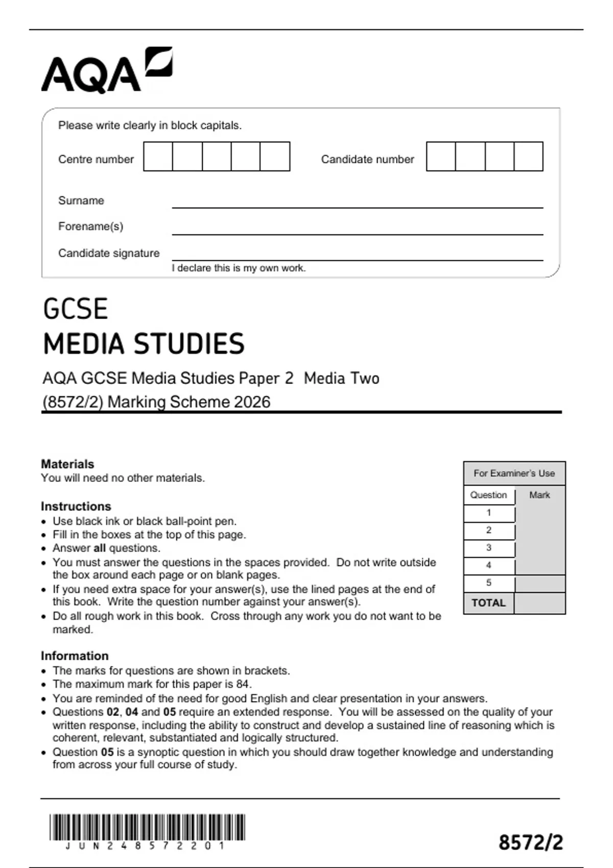 AQA GCSE Media Studies Paper 2 Media Two (8572/2) Marking Scheme 2026 ...