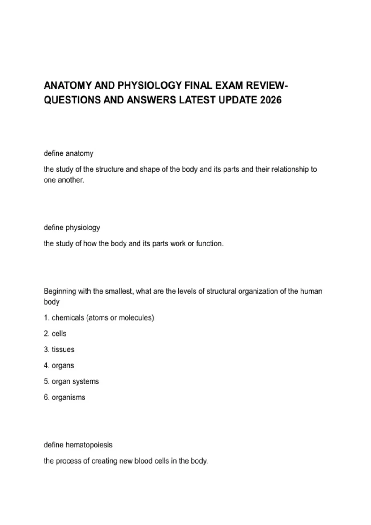 ANATOMY & PHYSIOLOGY FINAL EXAM REVIEW 2026 QUESTIONS AND ANSWERS ...