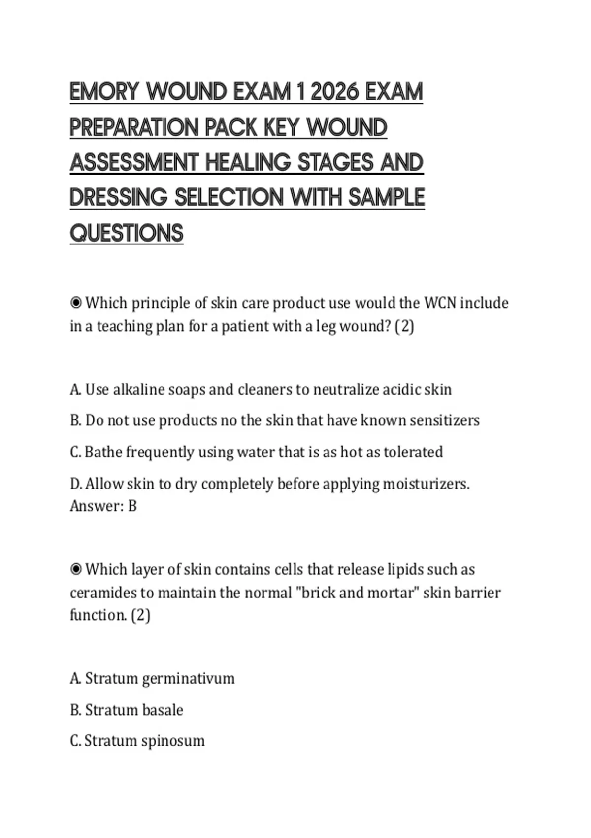 EMORY WOUND EXAM 1 2026 EXAM PREPARATION PACK KEY WOUND ASSESSMENT ...