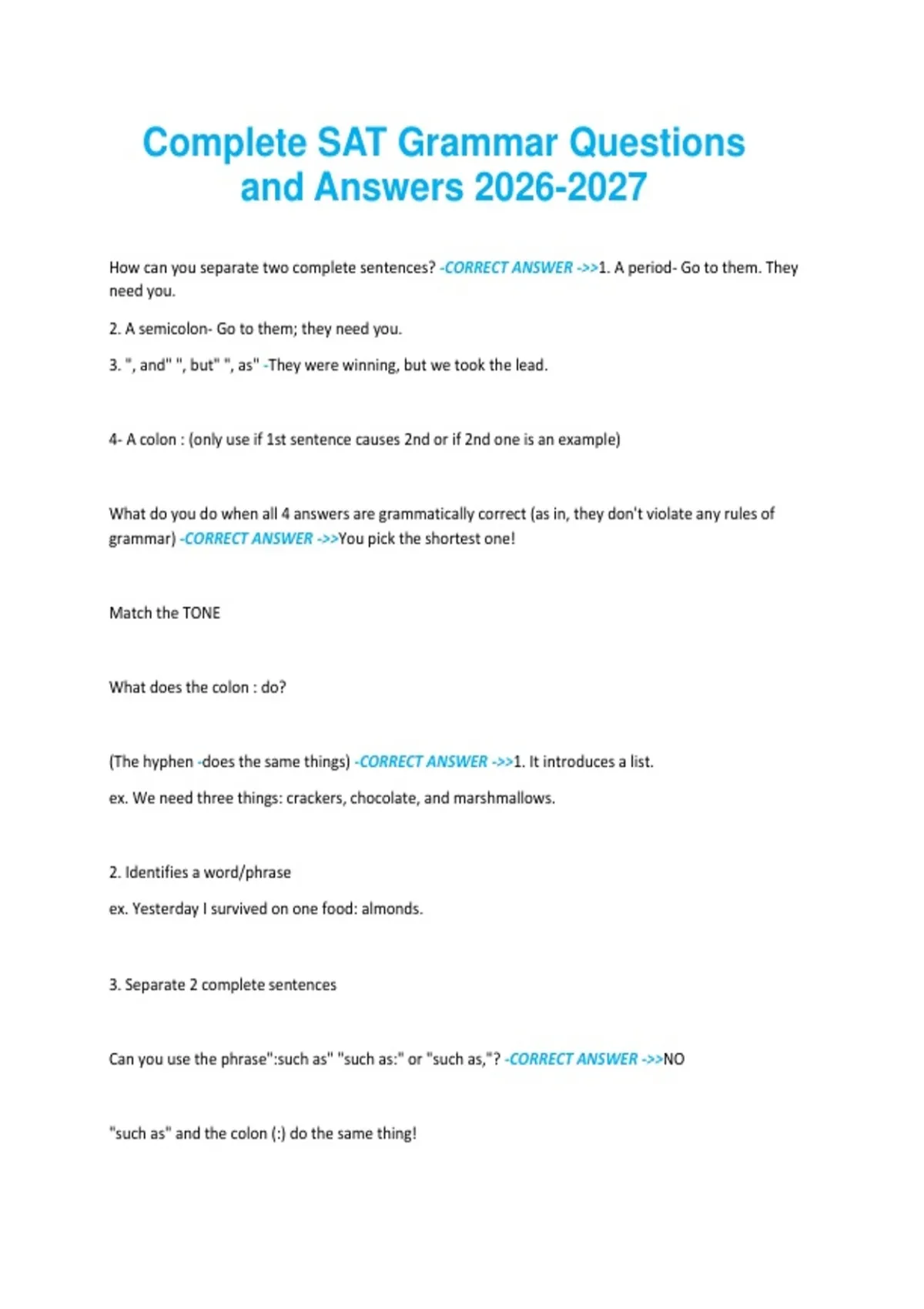 Complete SAT Grammar Questions and Answers - SAT - Stuvia US