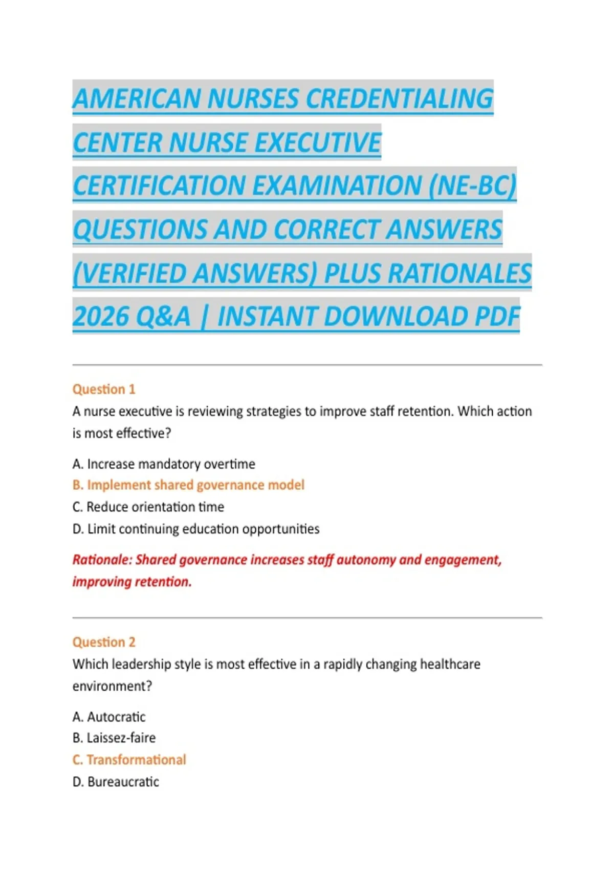 AMERICAN NURSES CREDENTIALING CENTER NURSE EXECUTIVE CERTIFICATION ...