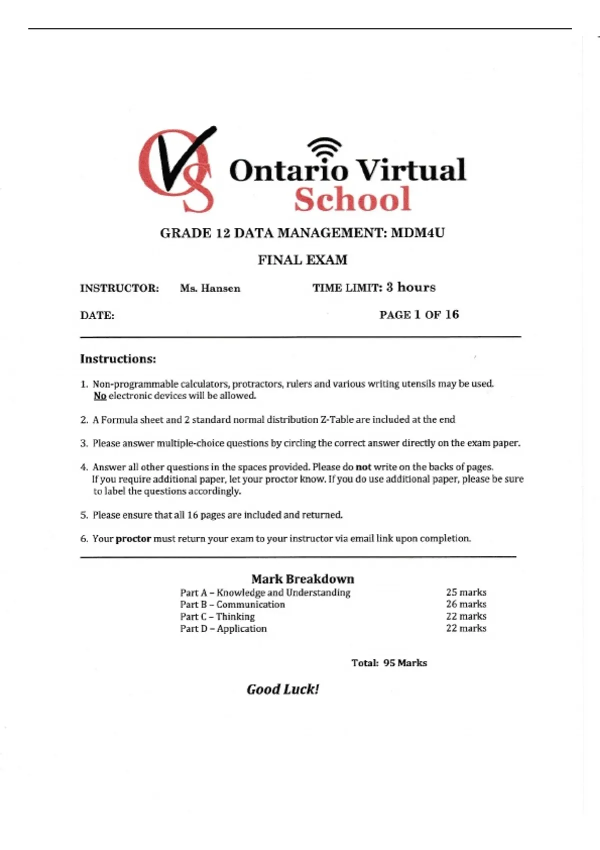 MDM4U Grade 12 Data Management Final Exam | Questions and Solutions ...