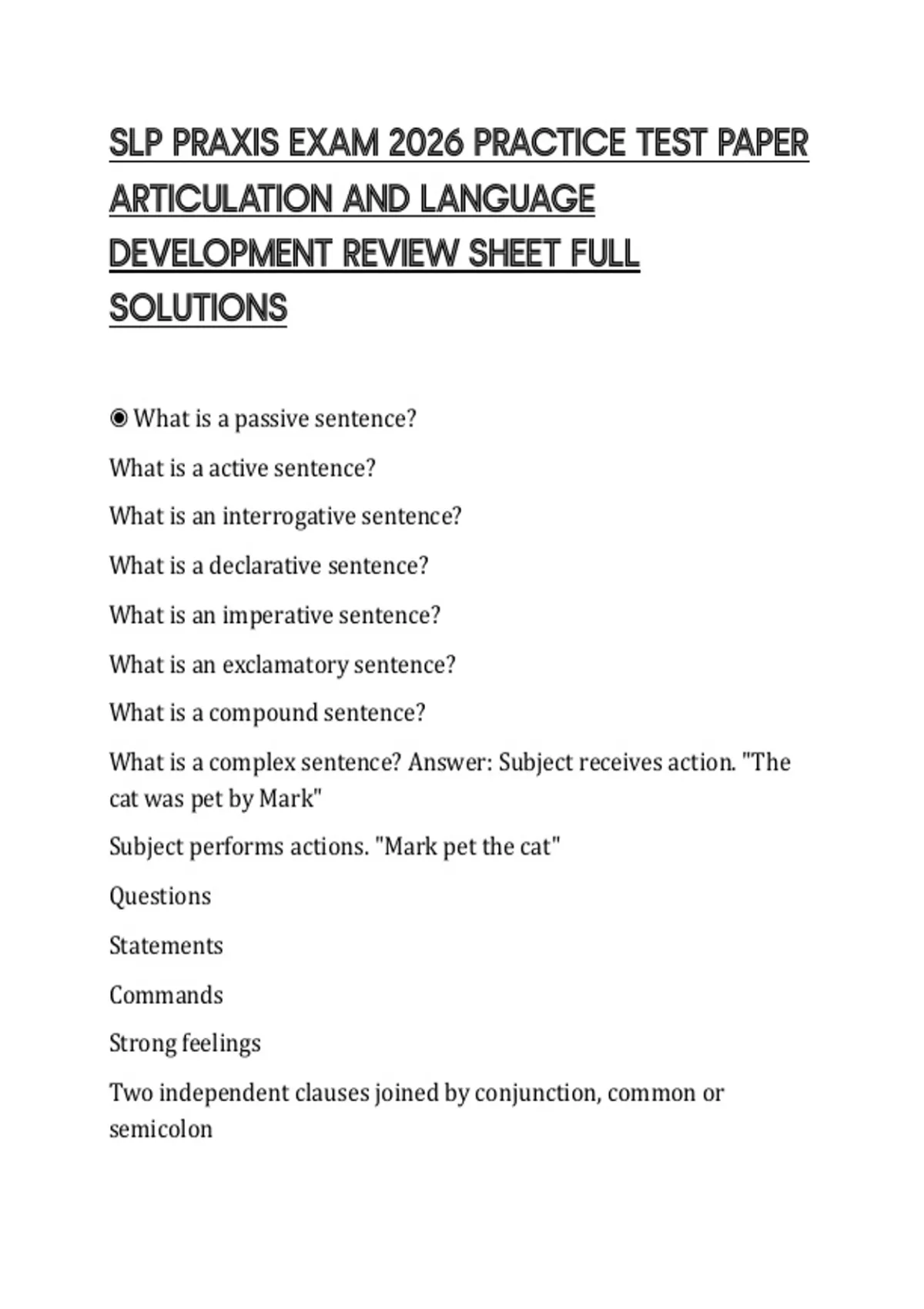 SLP PRAXIS EXAM 2026 PRACTICE TEST PAPER ARTICULATION AND LANGUAGE ...