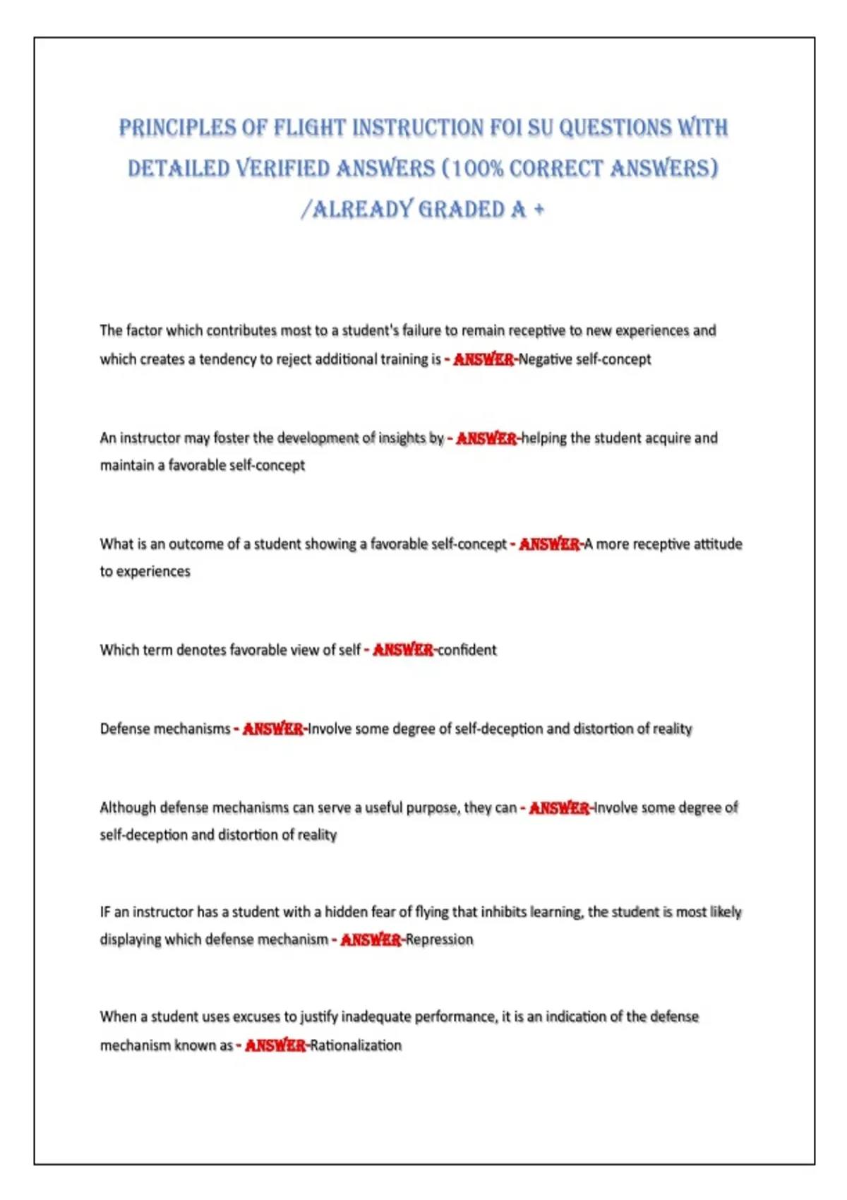 PRINCIPLES OF FLIGHT INSTRUCTION FOI SU QUESTIONS WITH DETAILED ...