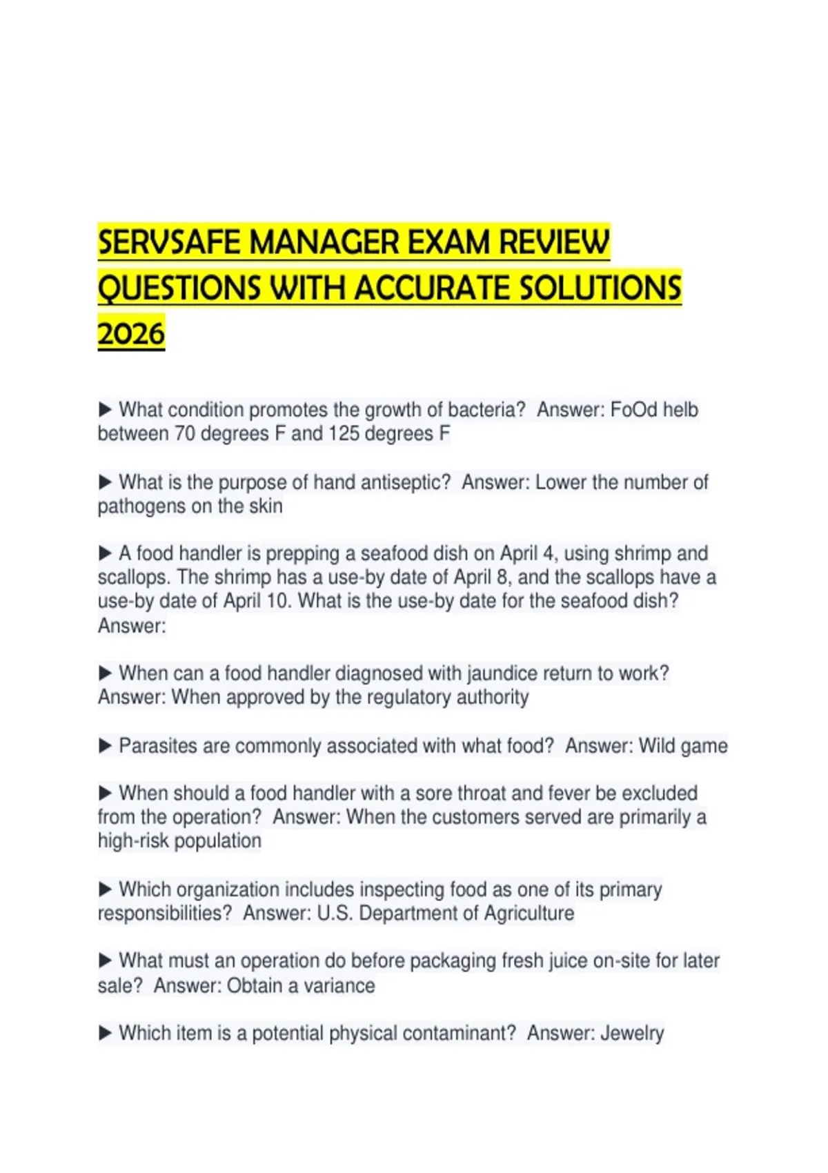 SERVSAFE MANAGER EXAM REVIEW QUESTIONS WITH ACCURATE SOLUTIONS 2026.pdf ...