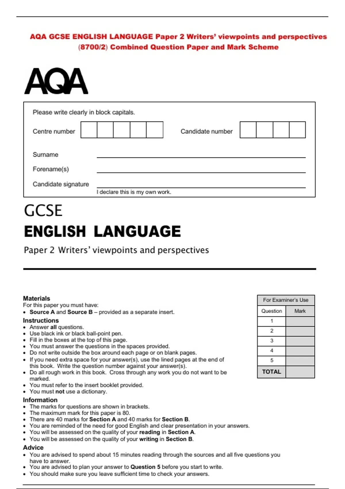 AQA GCSE ENGLISH LANGUAGE Paper 2 Writers’ viewpoints and perspectives ...
