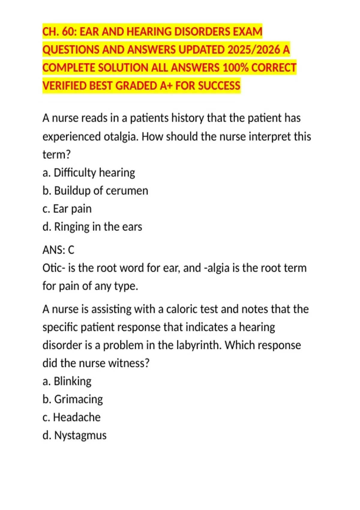 CH. 60: EAR AND HEARING DISORDERS EXAM QUESTIONS AND ANSWERS UPDATED ...