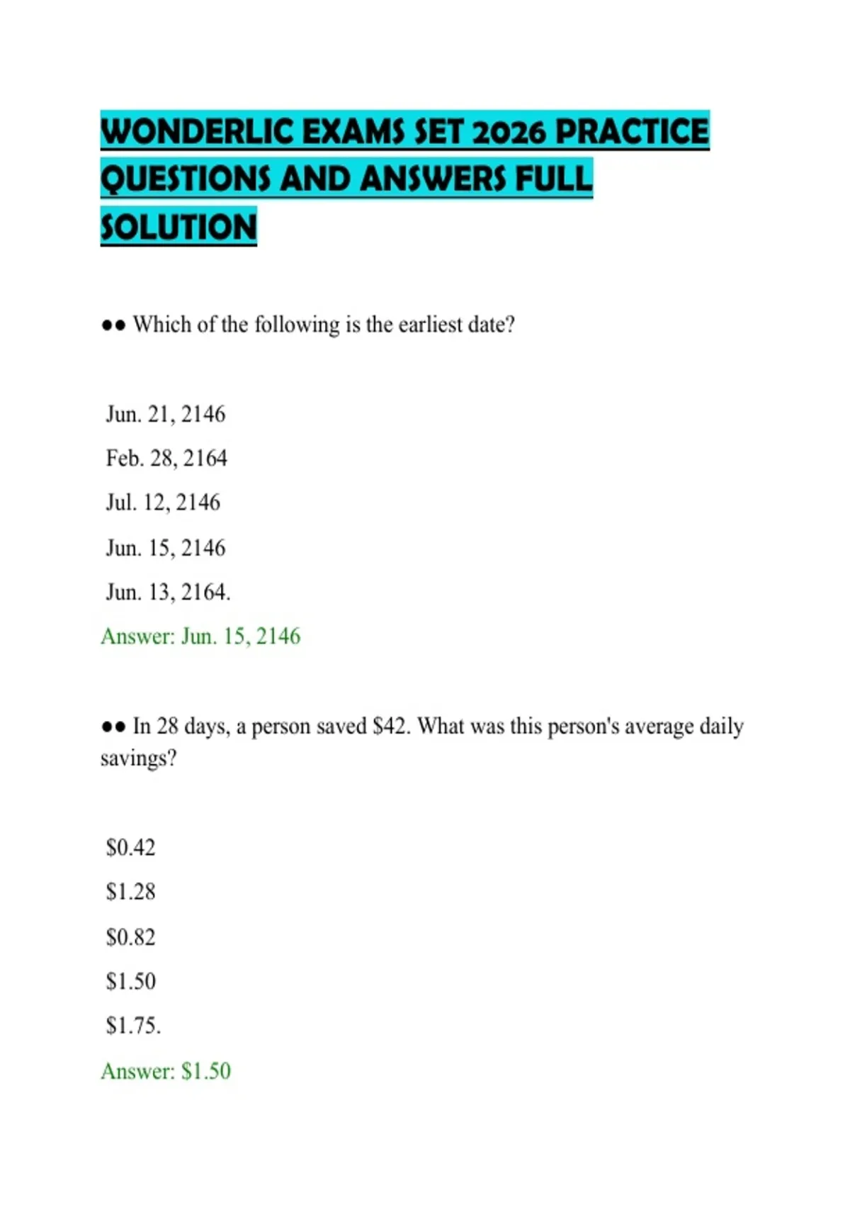 WONDERLIC EXAMS SET 2026 PRACTICE QUESTIONS AND ANSWERS FULL SOLUTION ...