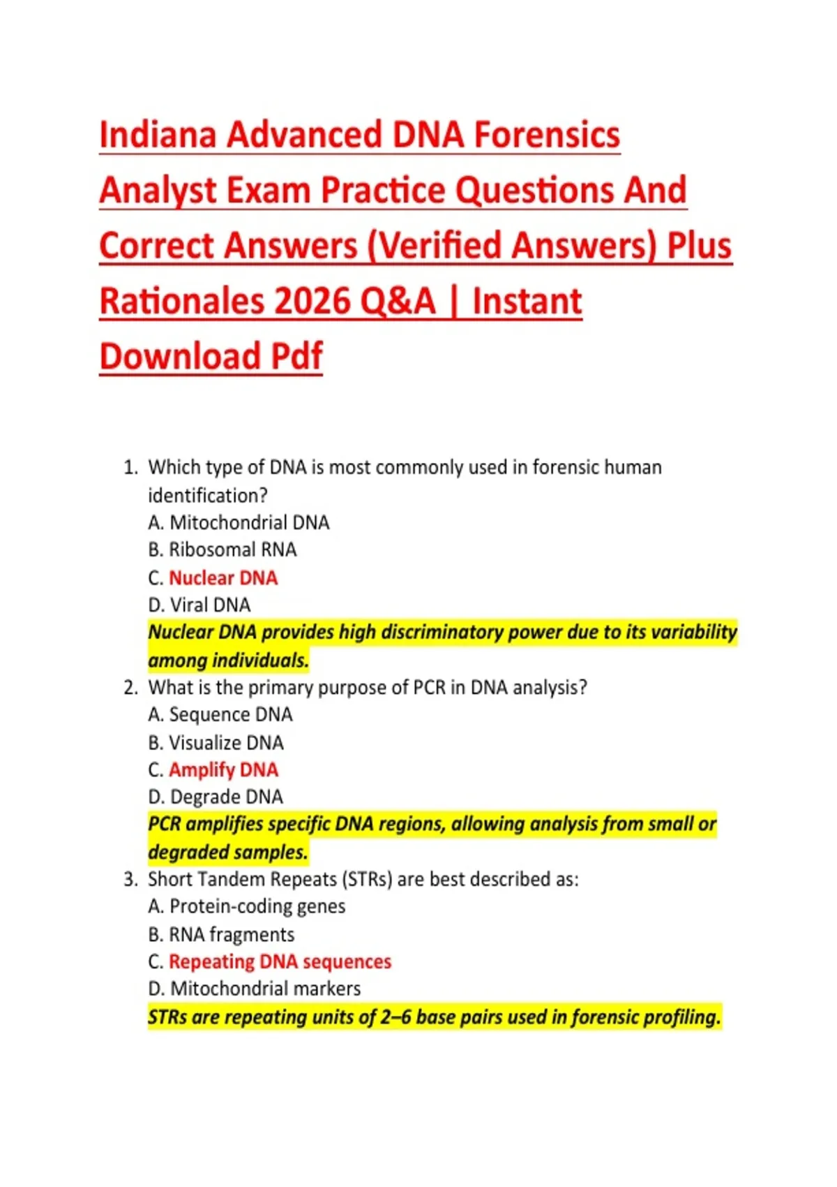 Indiana Advanced DNA Forensics Analyst Exam Practice Questions And ...