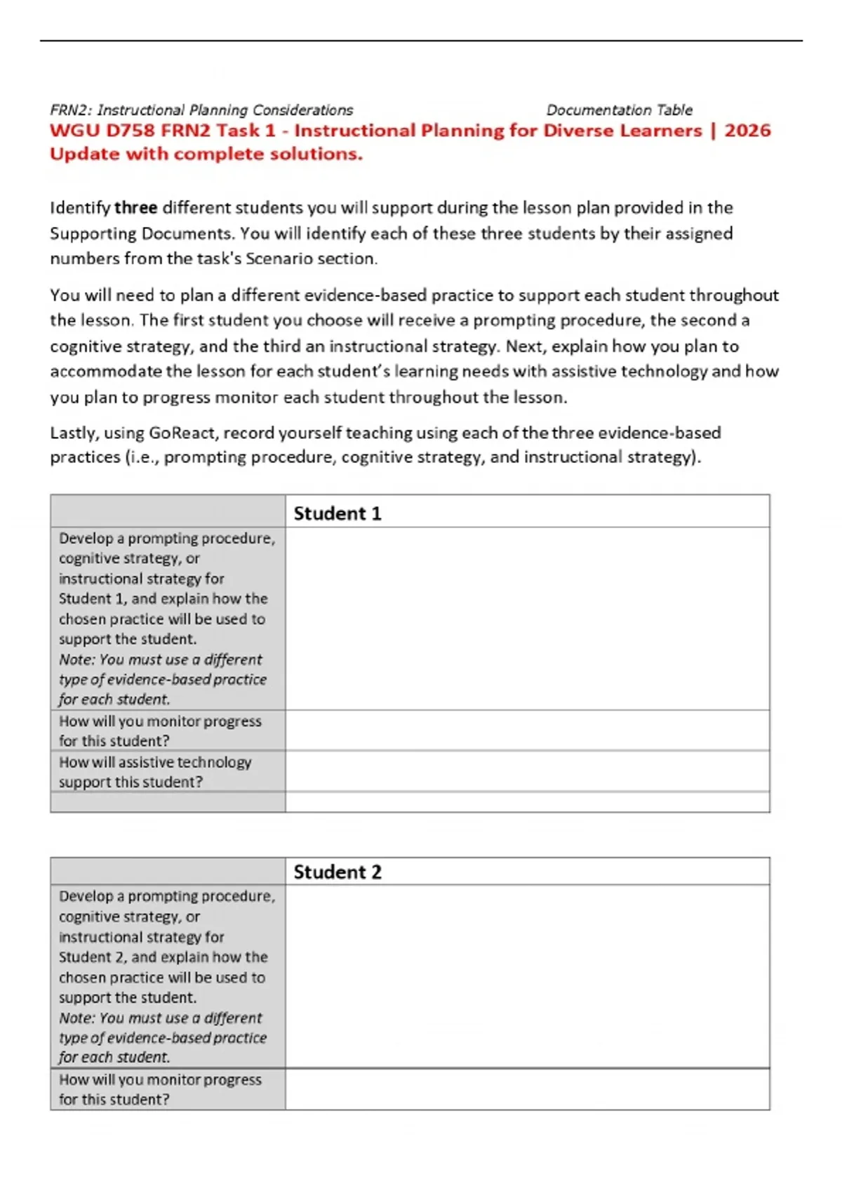 WGU D758 FRN2 Task 1 - Instructional Planning for Diverse Learners ...