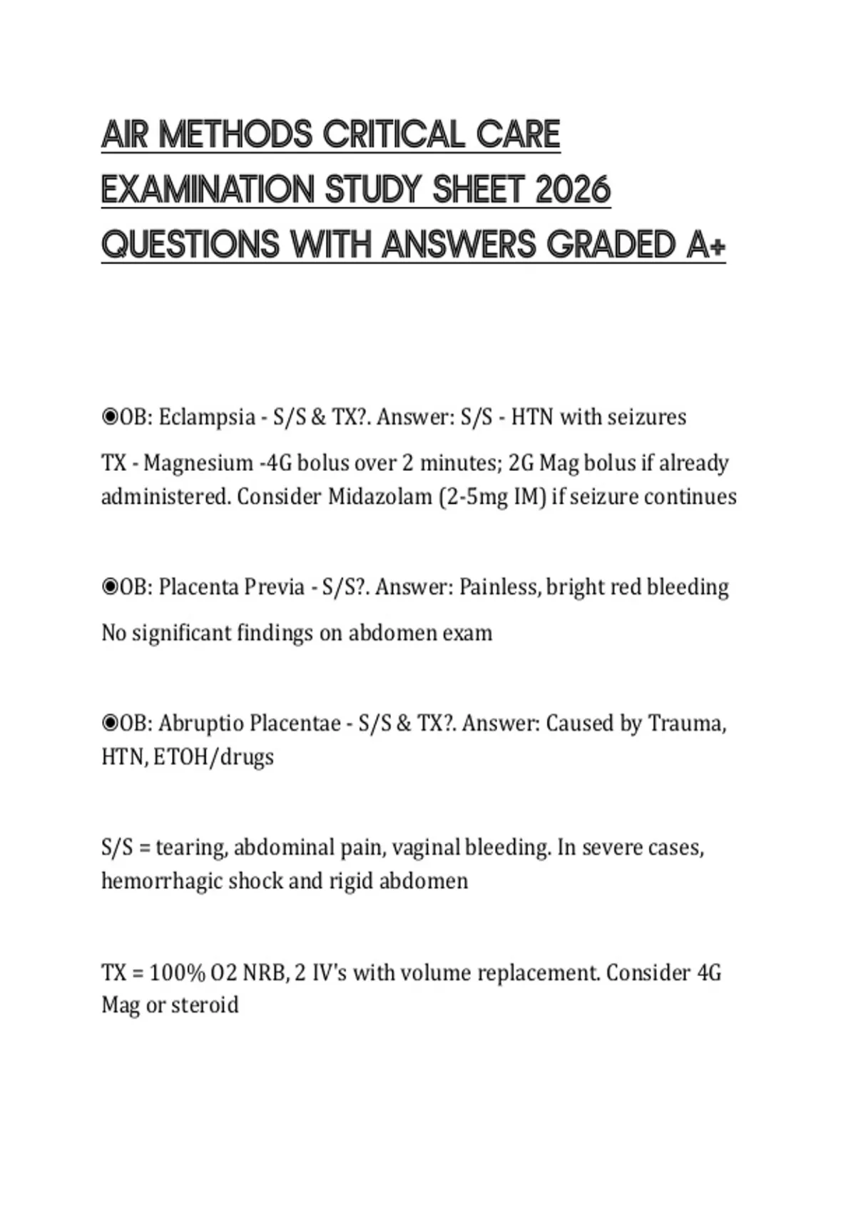 AIR METHODS CRITICAL CARE EXAMINATION STUDY SHEET 2026 QUESTIONS WITH ...