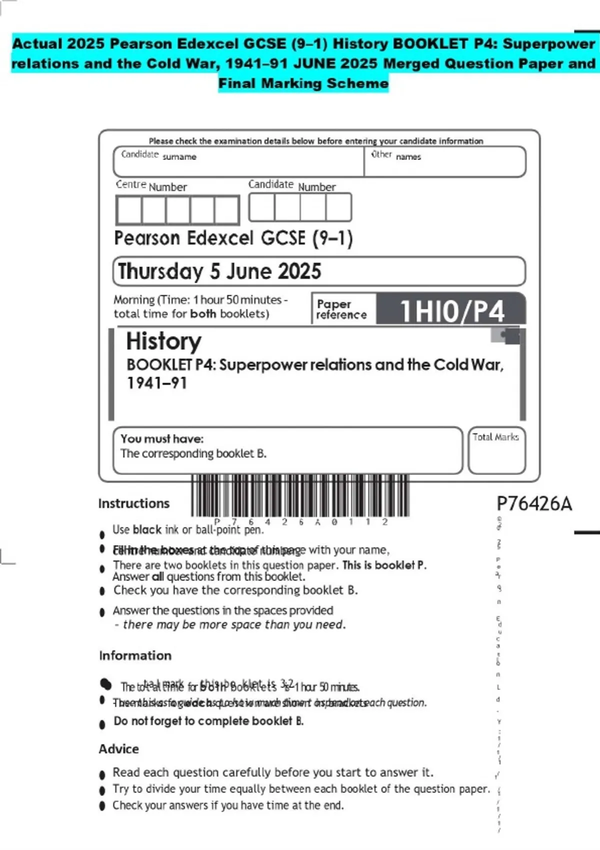 Actual 2025 Pearson Edexcel GCSE (9–1) History BOOKLET P4: Superpower ...