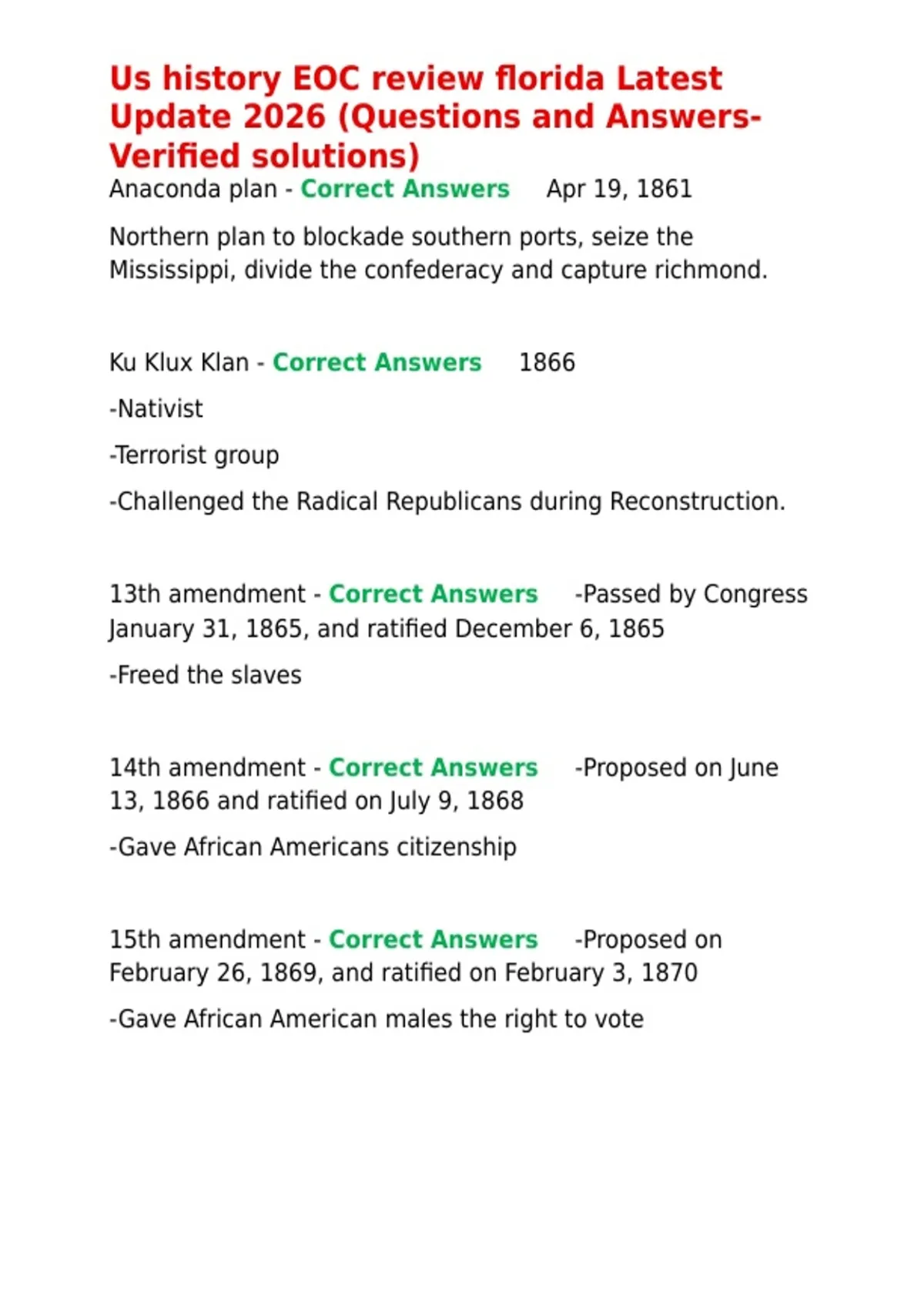Us history EOC review florida Latest Update 2026 (Questions and Answers ...