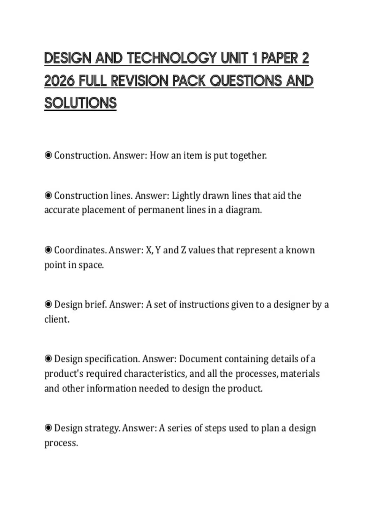 DESIGN AND TECHNOLOGY UNIT 1 PAPER 2 2026 FULL REVISION PACK QUESTIONS ...