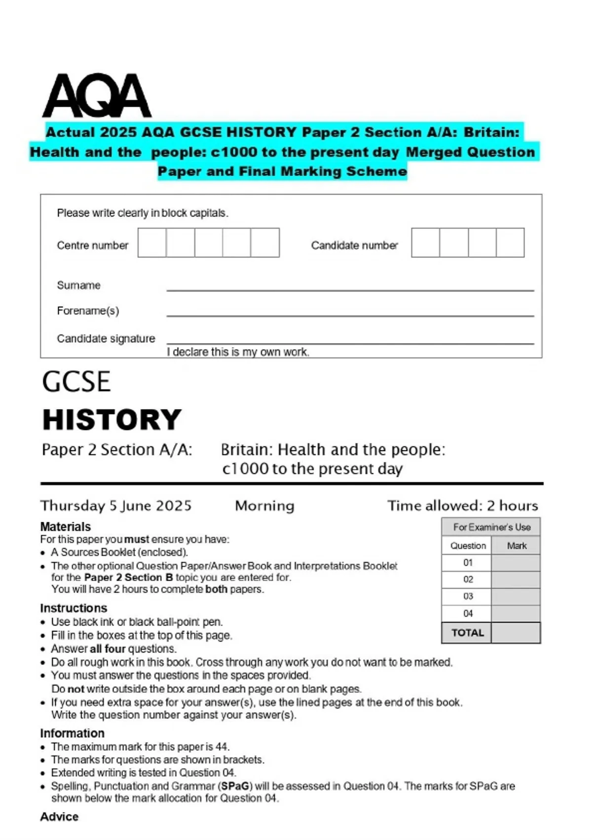 2025 AQA GCSE HISTORY Paper 2 Section A/A: Britain: Health and the ...