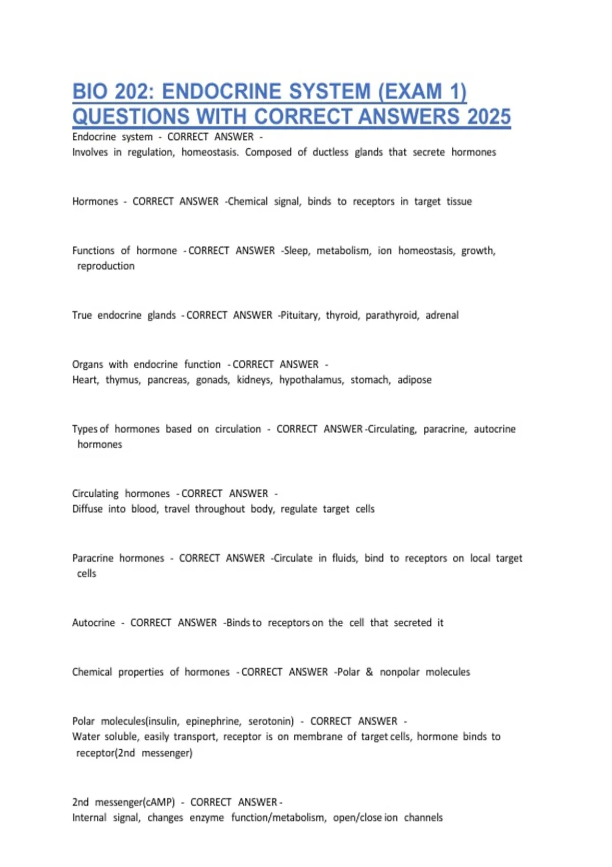 BIO 202 Endocrine System (Exam 1) Questions with Correct Answers 2026 ...
