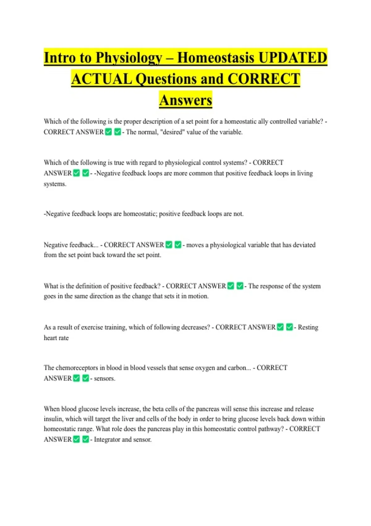 Intro to Physiology – Homeostasis UPDATED ACTUAL Questions and CORRECT ...