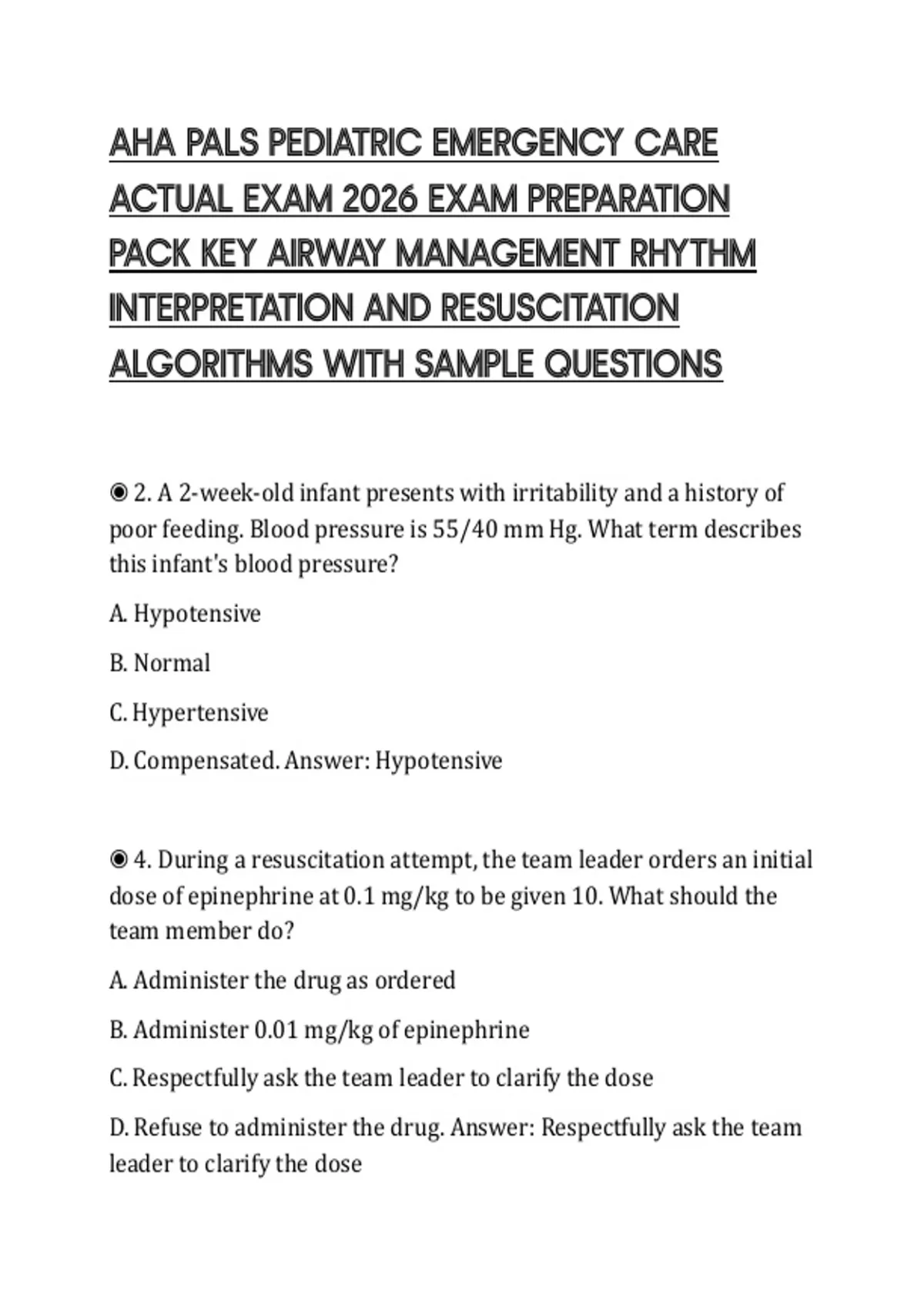 AHA PALS PEDIATRIC EMERGENCY CARE ACTUAL EXAM 2026 EXAM PREPARATION ...