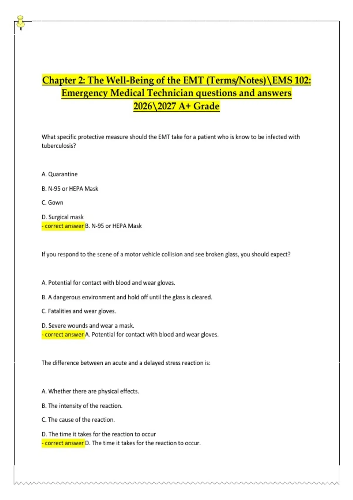 EMT – Chapter 2 The Well-Being of the EMT Verified Study Guide (2026/ ...